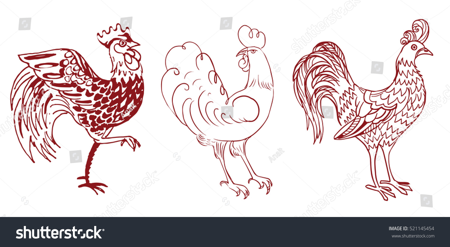Roosters Vector Sketch Outline Stock Vector (Royalty Free) 521145454 ...