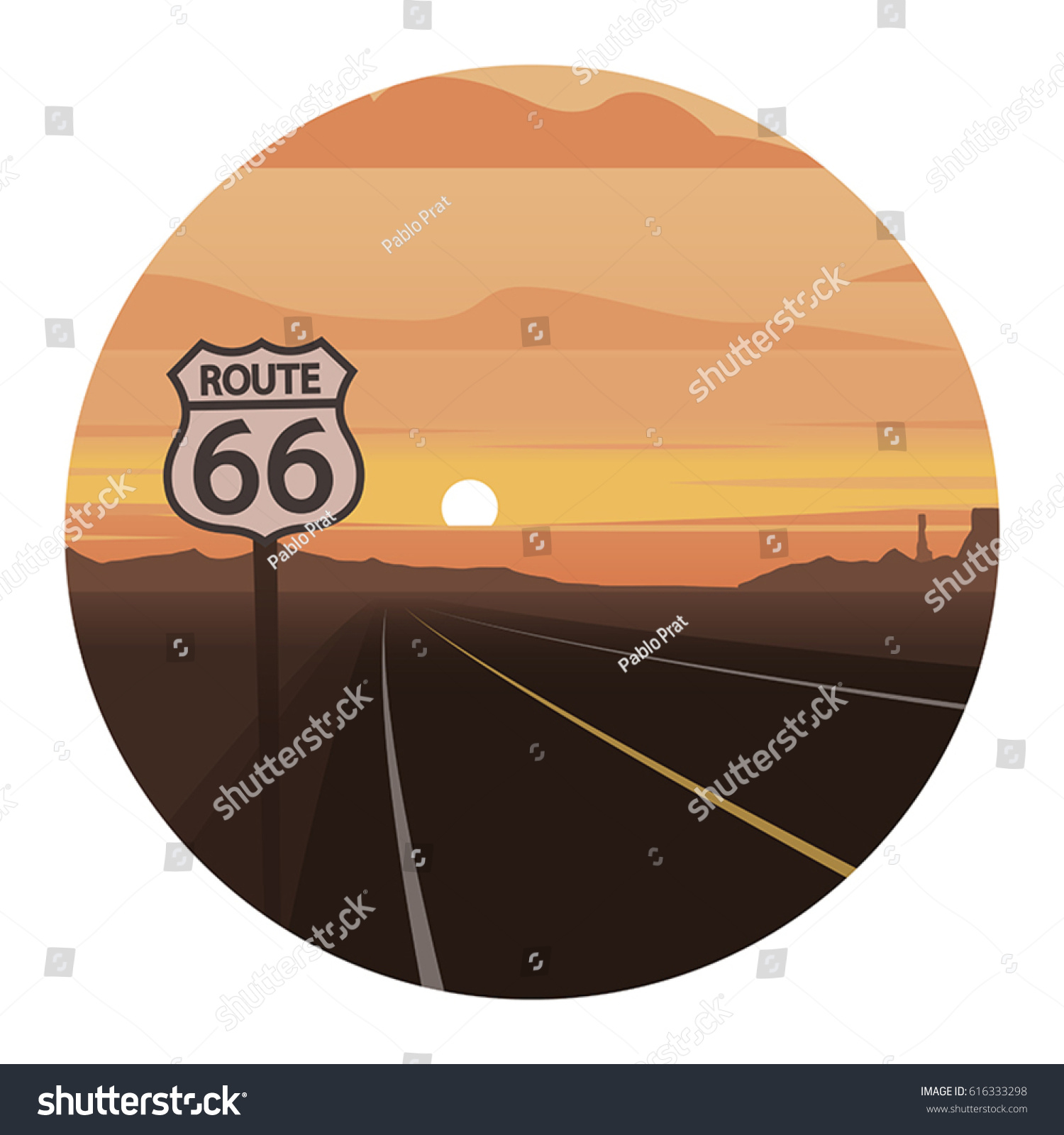 Route 66 Scene Round Icon Stock Vector (Royalty Free) 616333298