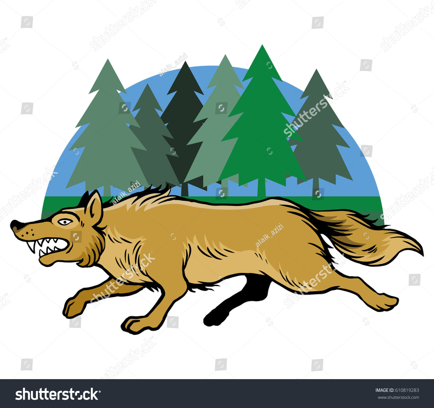 Running Wolf Pine Trees Stock Vector (Royalty Free) 610819283 ...