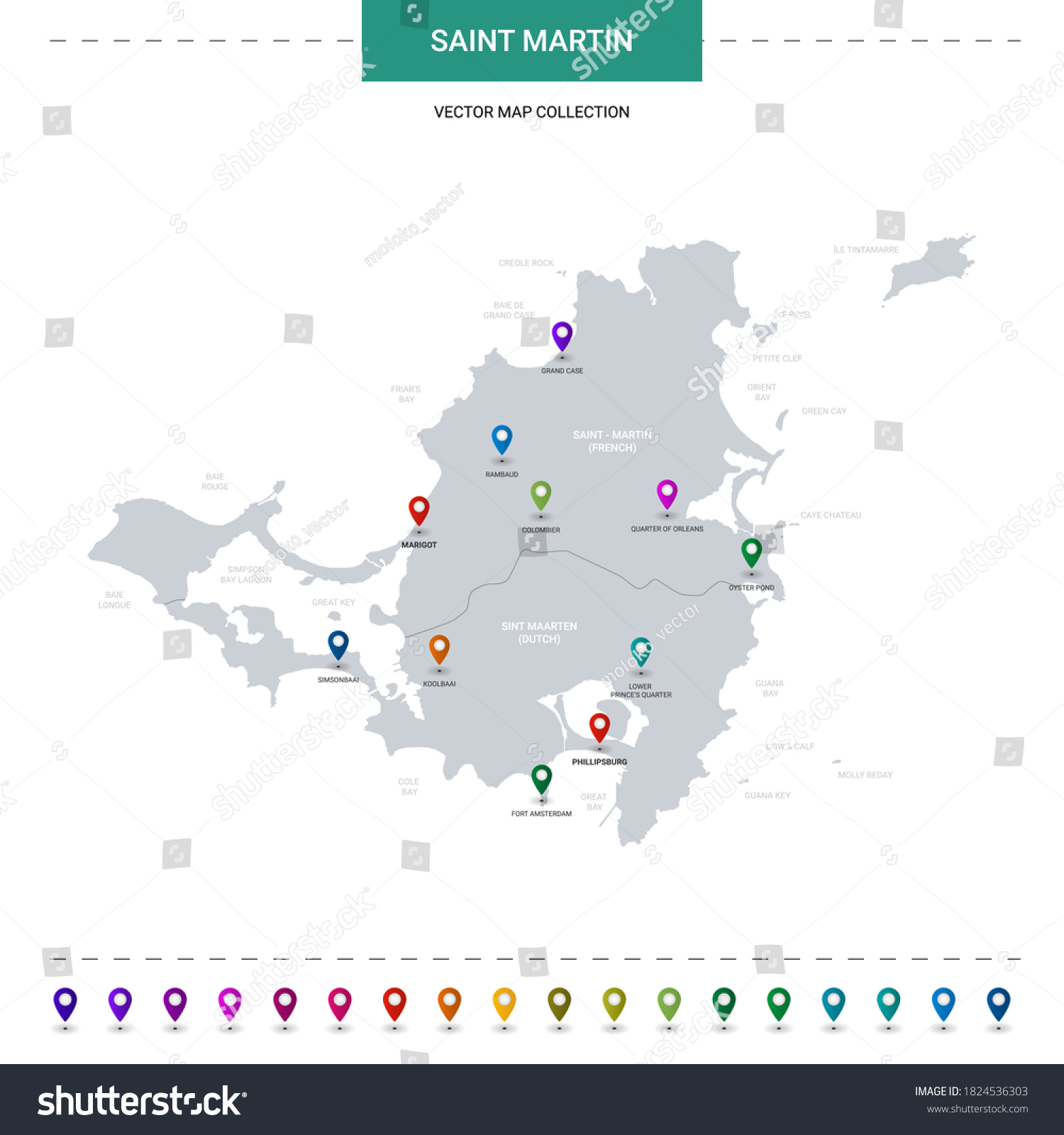 Saint Martin Map Location Pointer Marks Stock Vector (Royalty Free ...