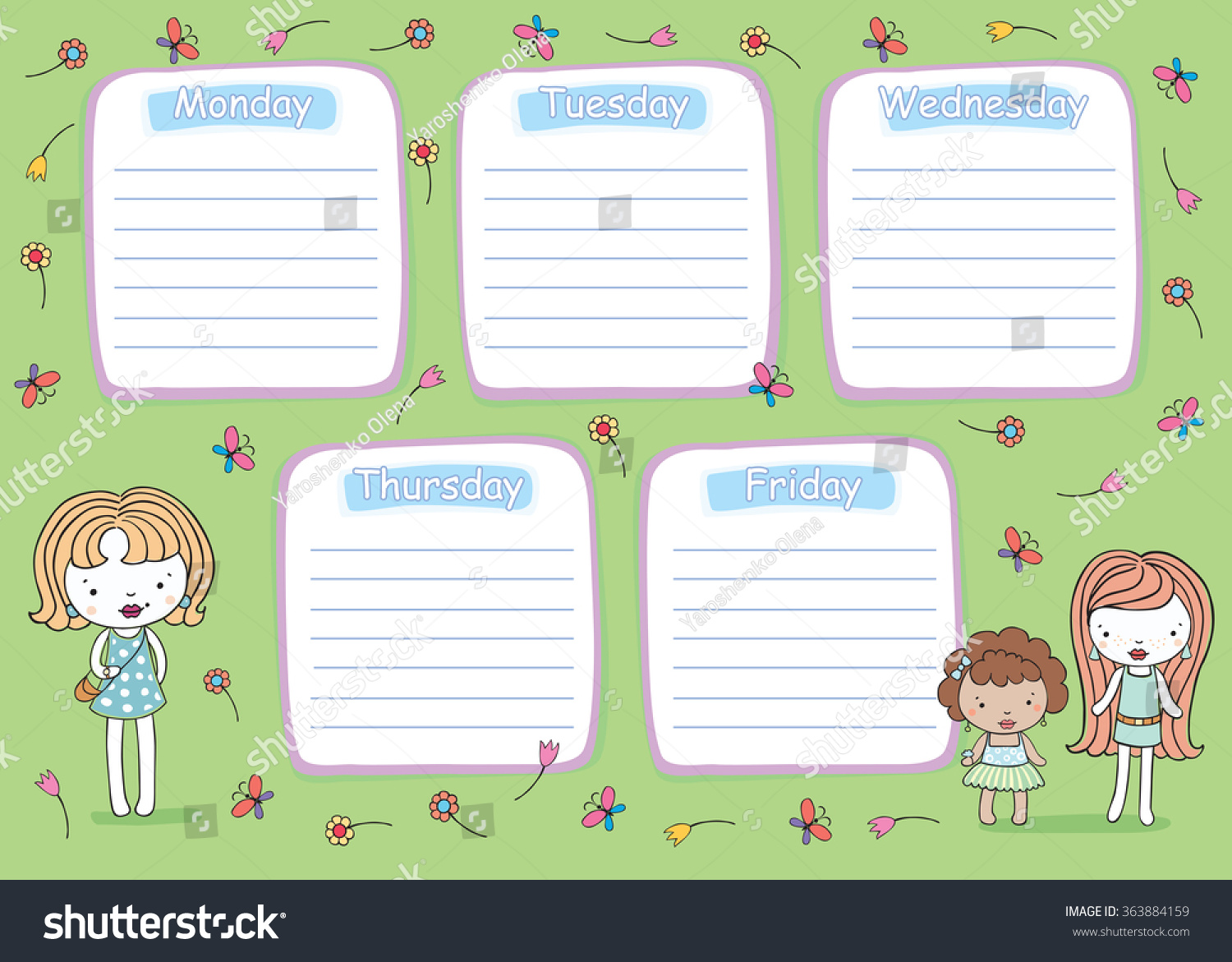 School Timetable Girl Vector Stock Vector (Royalty Free) 363884159