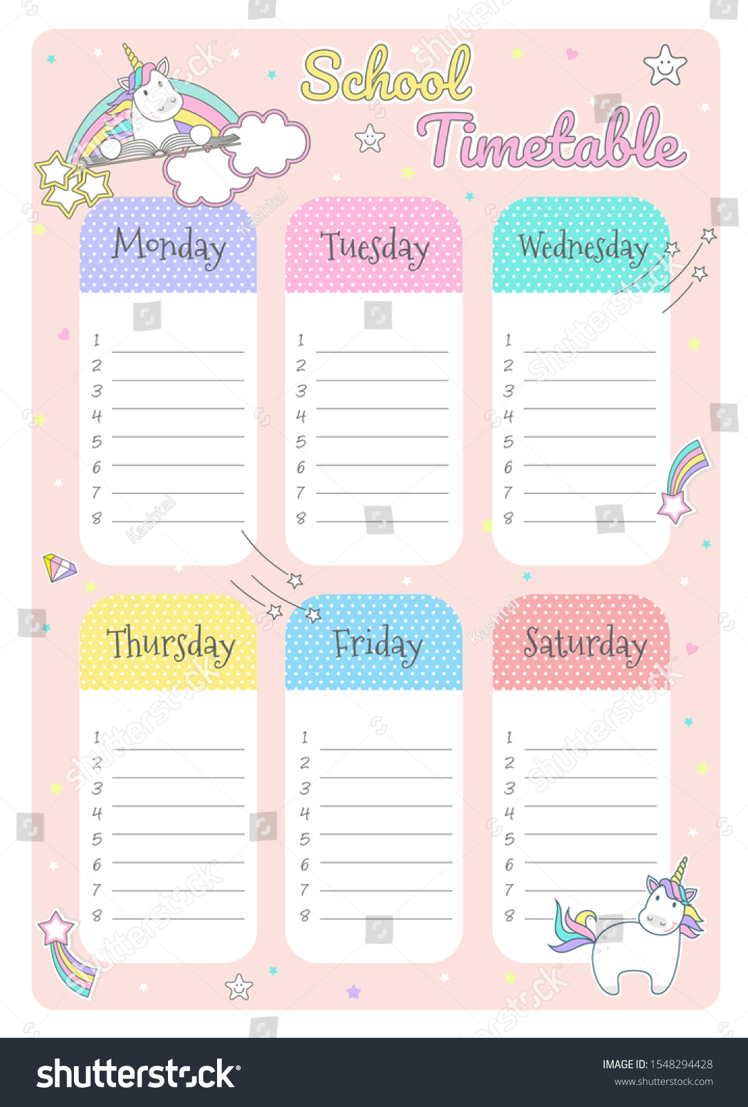 School Timetable Cute Unicorns Vector Illustration Stock Vector ...
