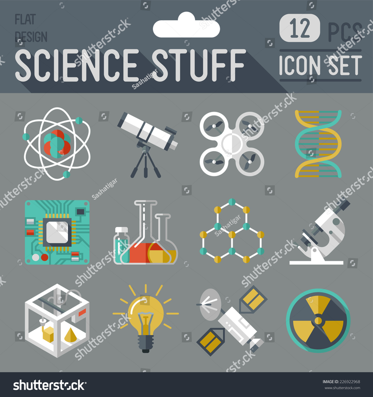 Science Stuff Icon Set. Flat Design Long Shadow. Vector Illustration ...