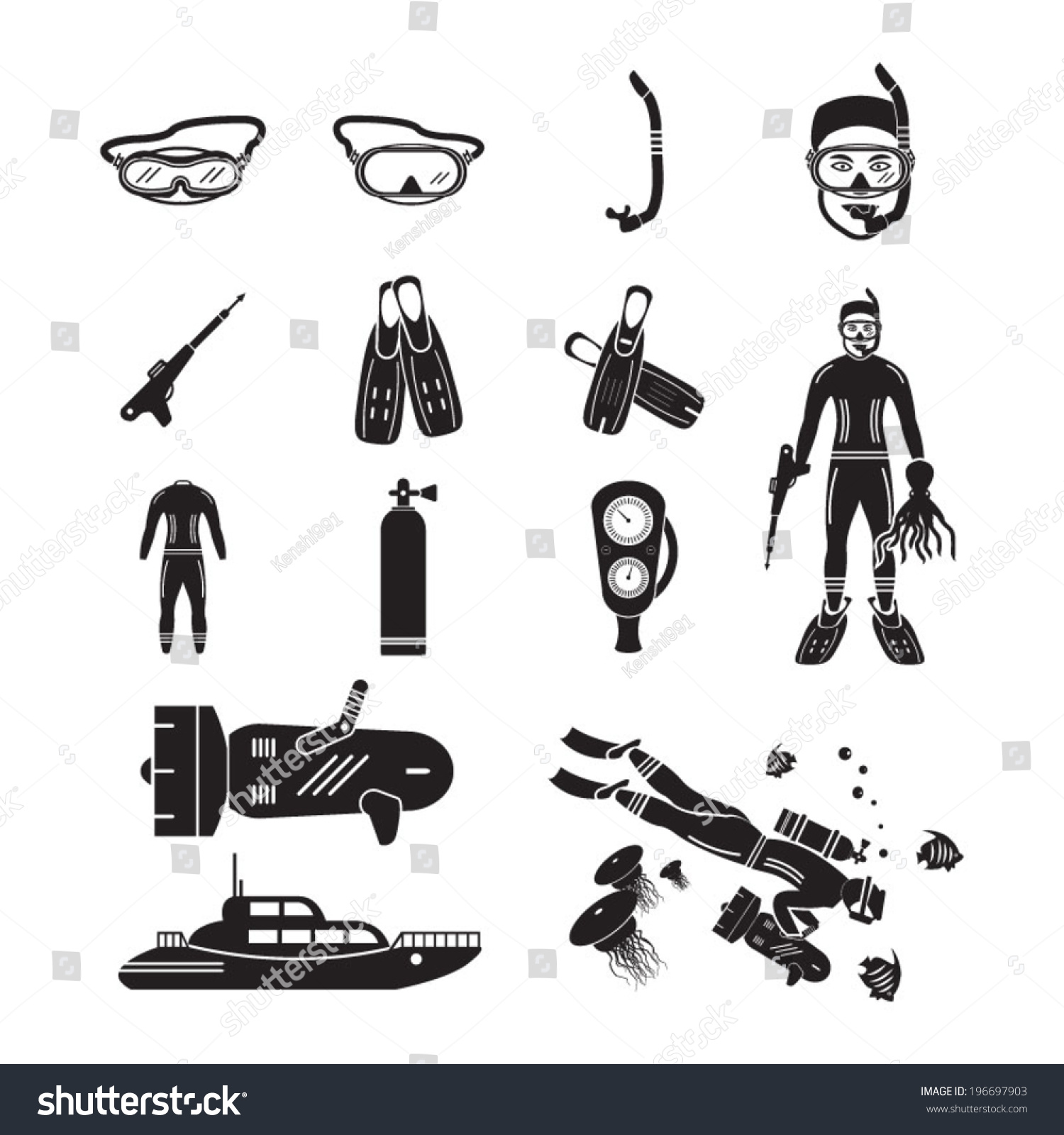 Scuba Diving Icons Set Stock Vector 196697903 - Shutterstock