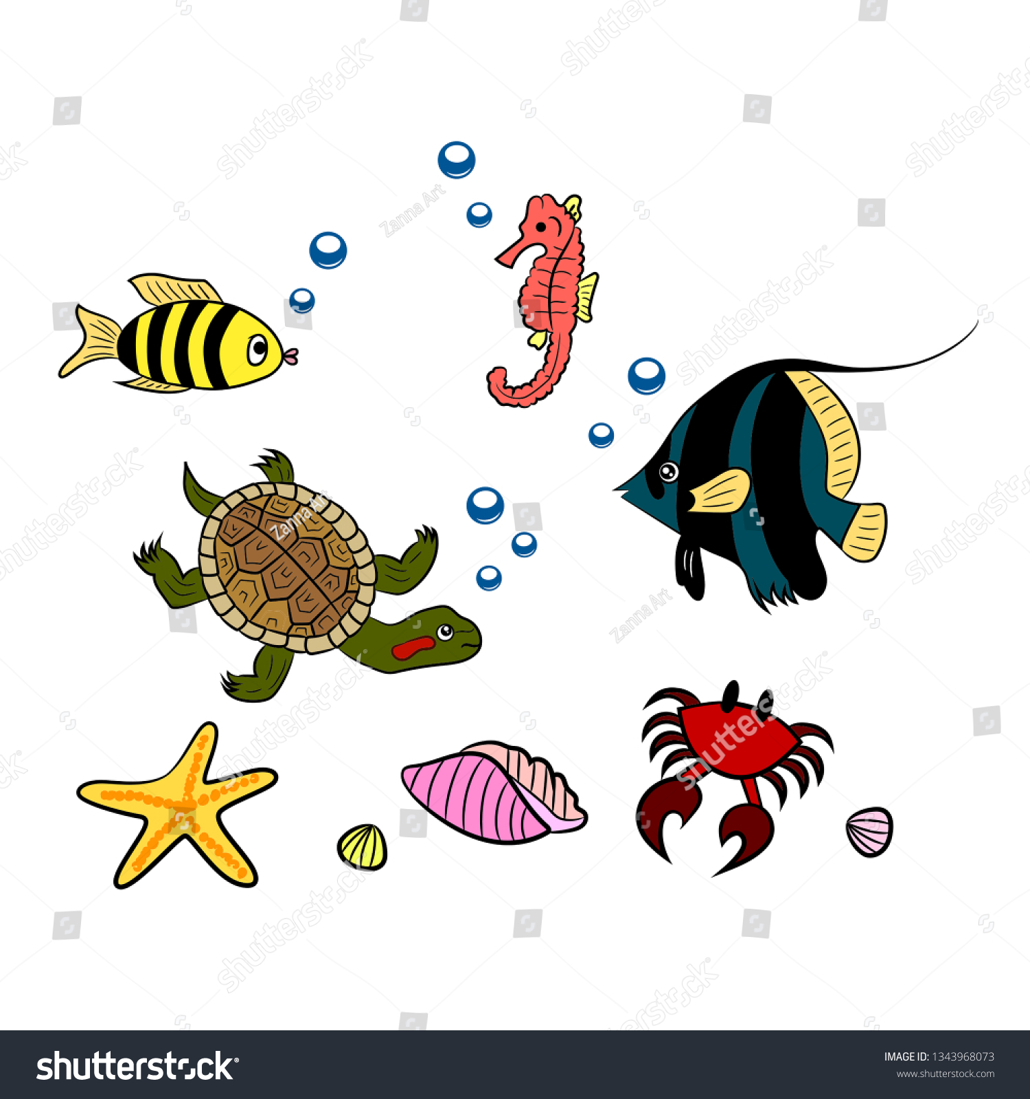 Sea Creatures Vector Set: vector de stock (libre de regalías) 1343968073 | Shutterstock