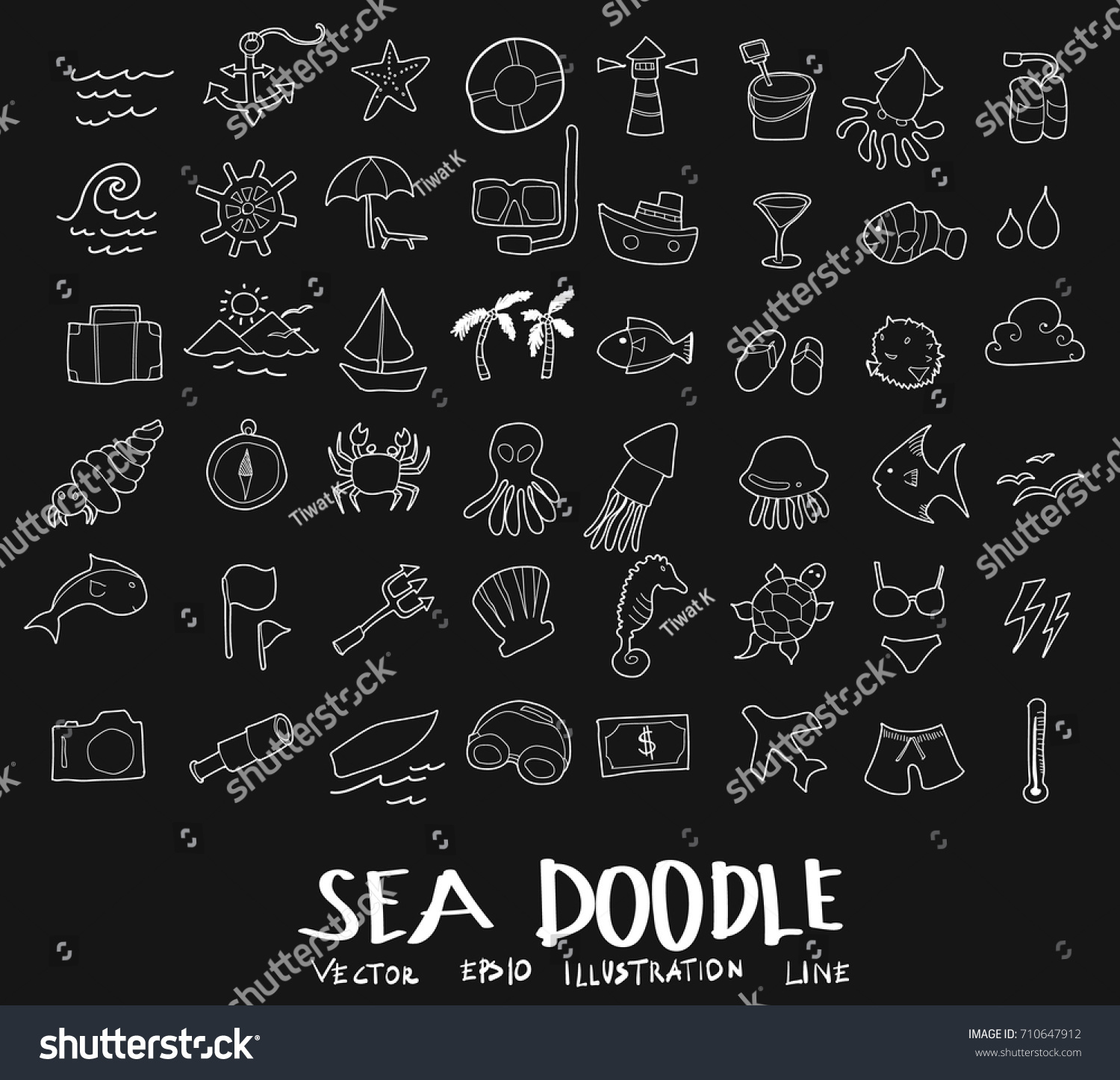 Sea Doodle Drawing Vector Set On Stock Vector (Royalty Free) 710647912