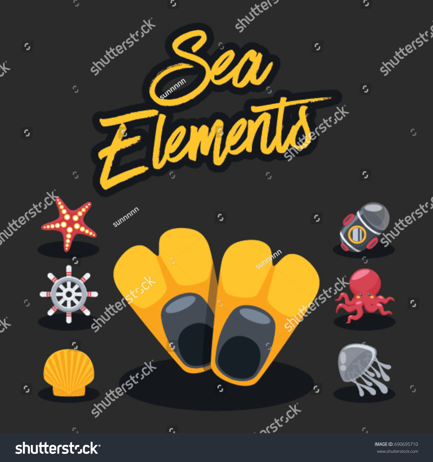 Sea Elements Black Background Vector Illustration Stock Vector (Royalty ...
