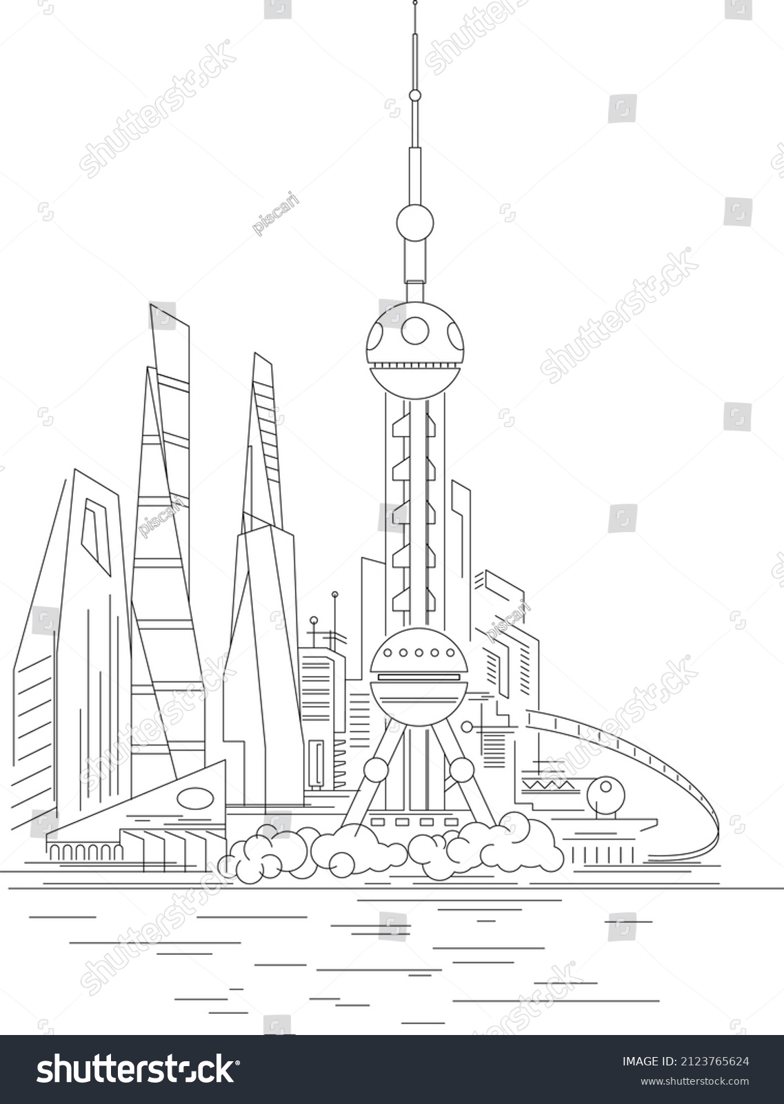 Vektor Stok Seafront City View Lineart Drawing Vector (Tanpa Royalti ...
