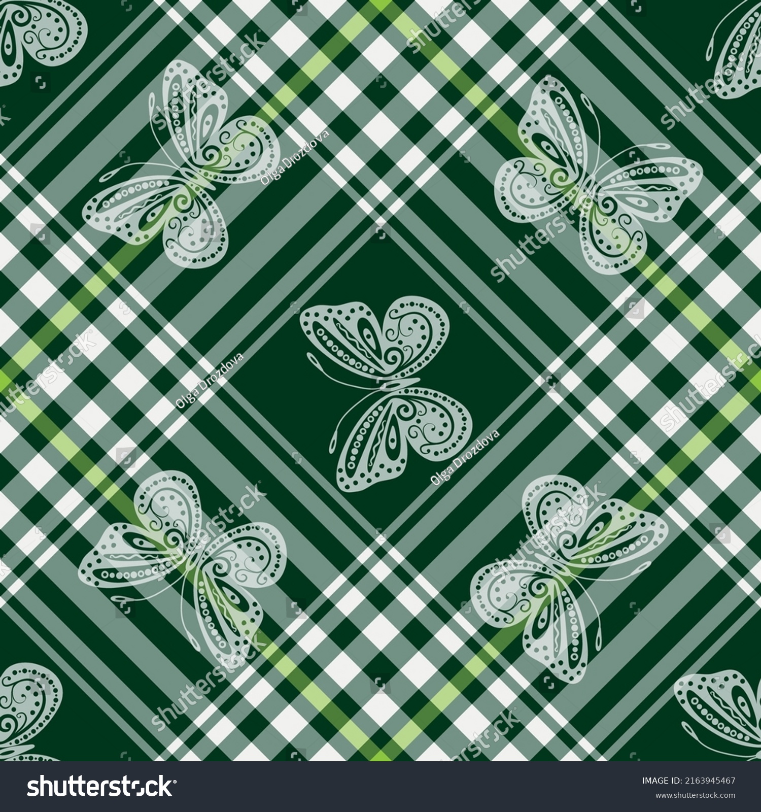 Seamless Abstract Green Checkered Pattern Butterflies Stock Vector ...