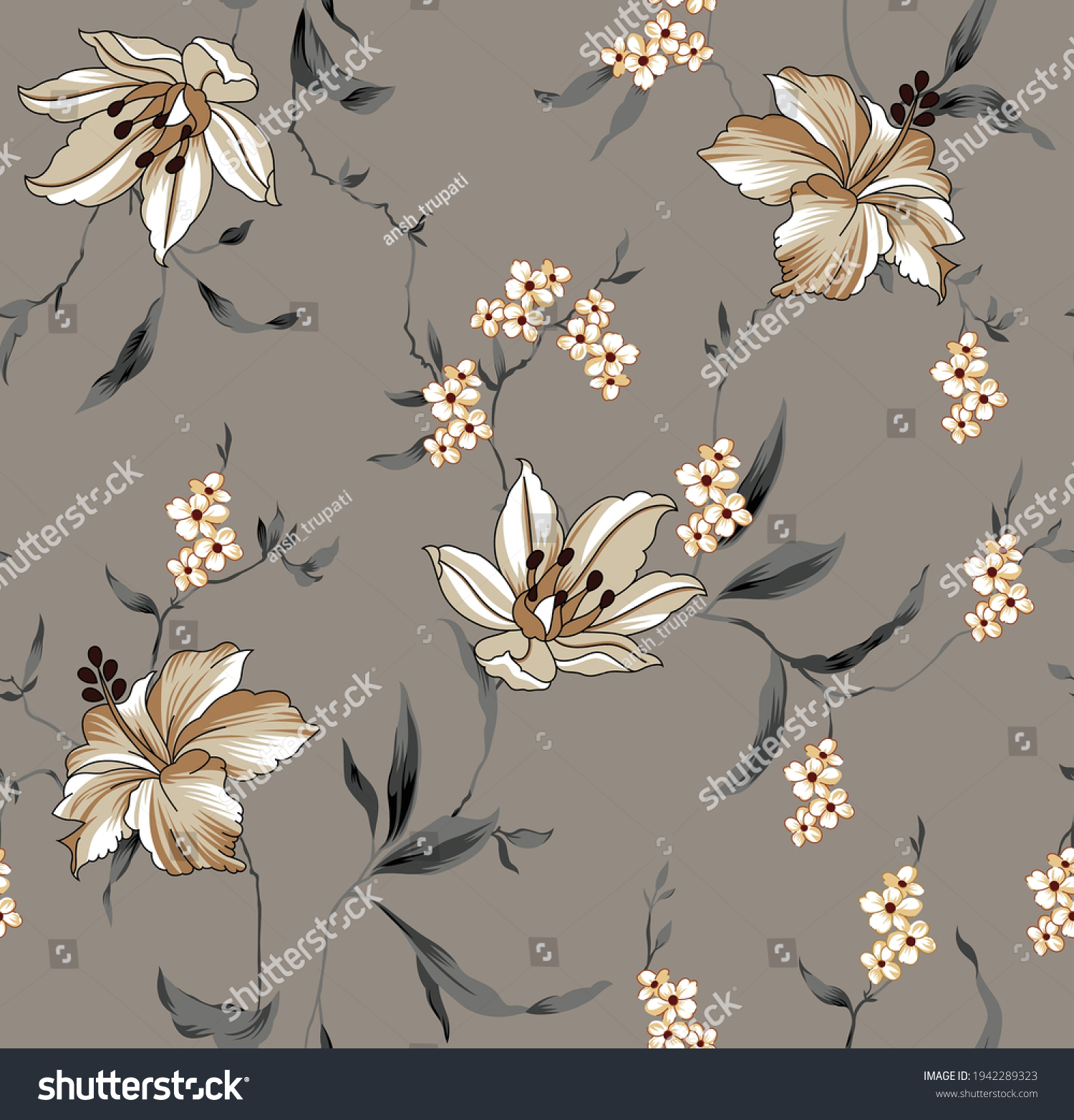 Seamless Cream Vector Flower Pattern Leaves Stock Vector (Royalty Free ...