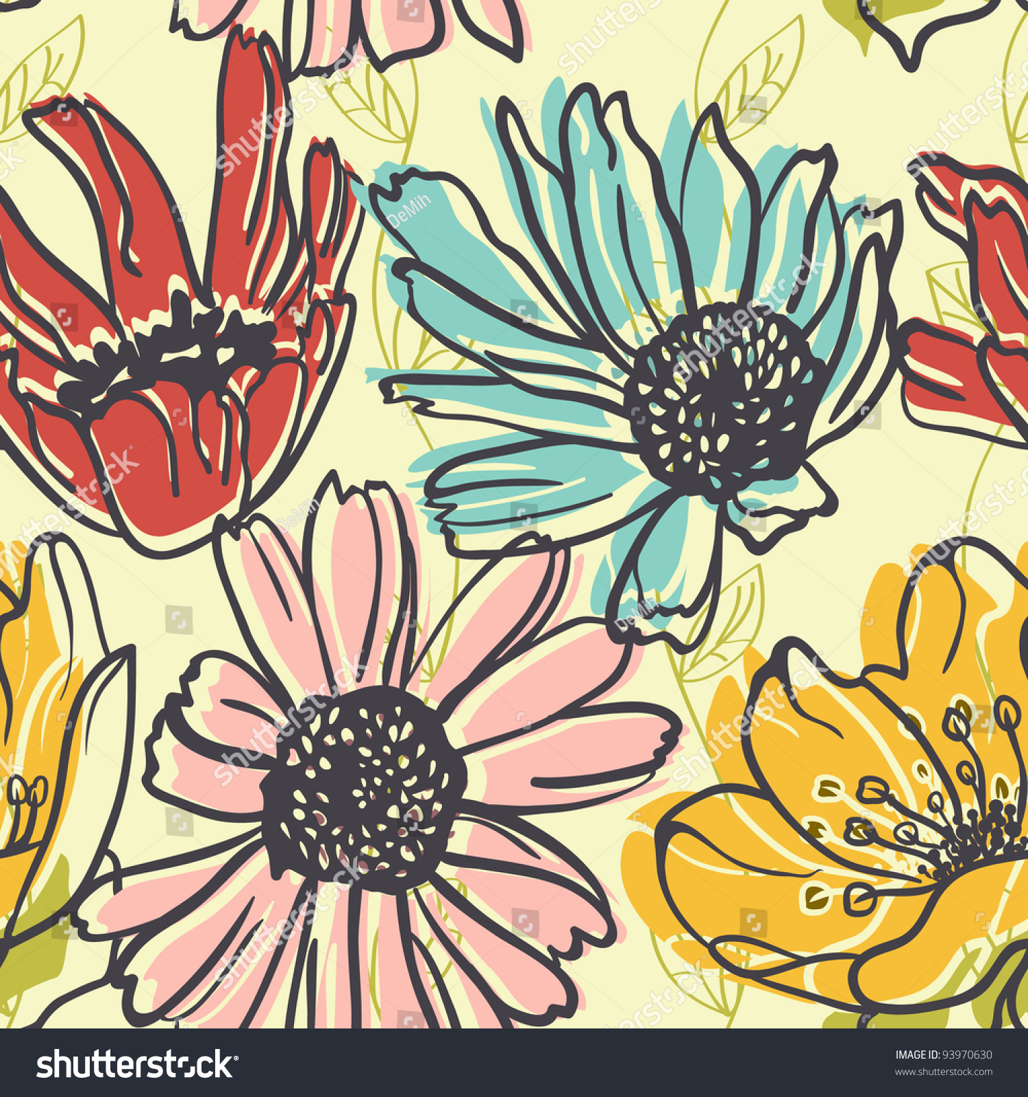 Seamless Floral Pattern With Abstract Flowers Stock Vector Illustration ...