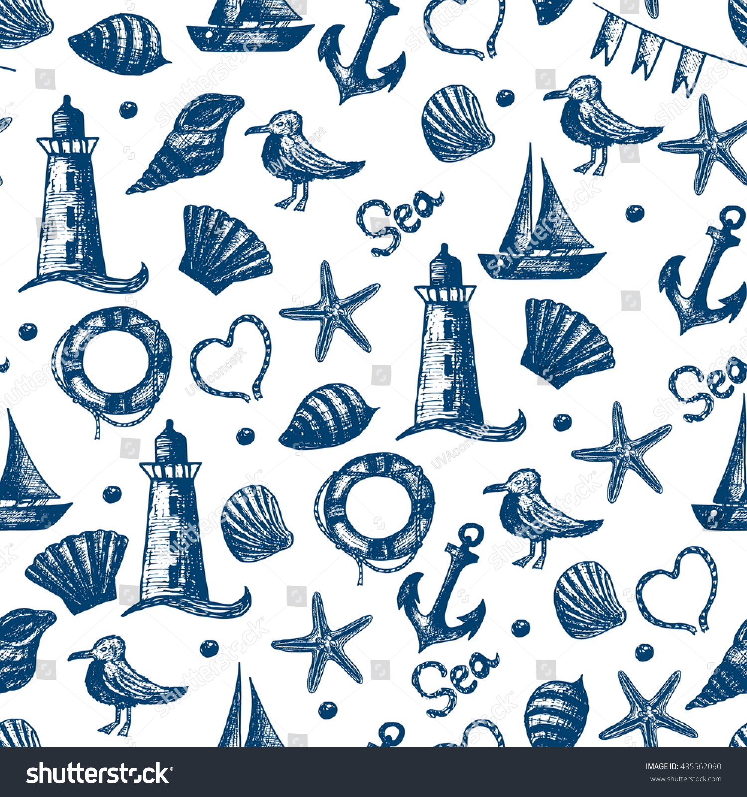 Seamless Pattern Hand Drawn Sea Themed Stock Vector (Royalty Free ...