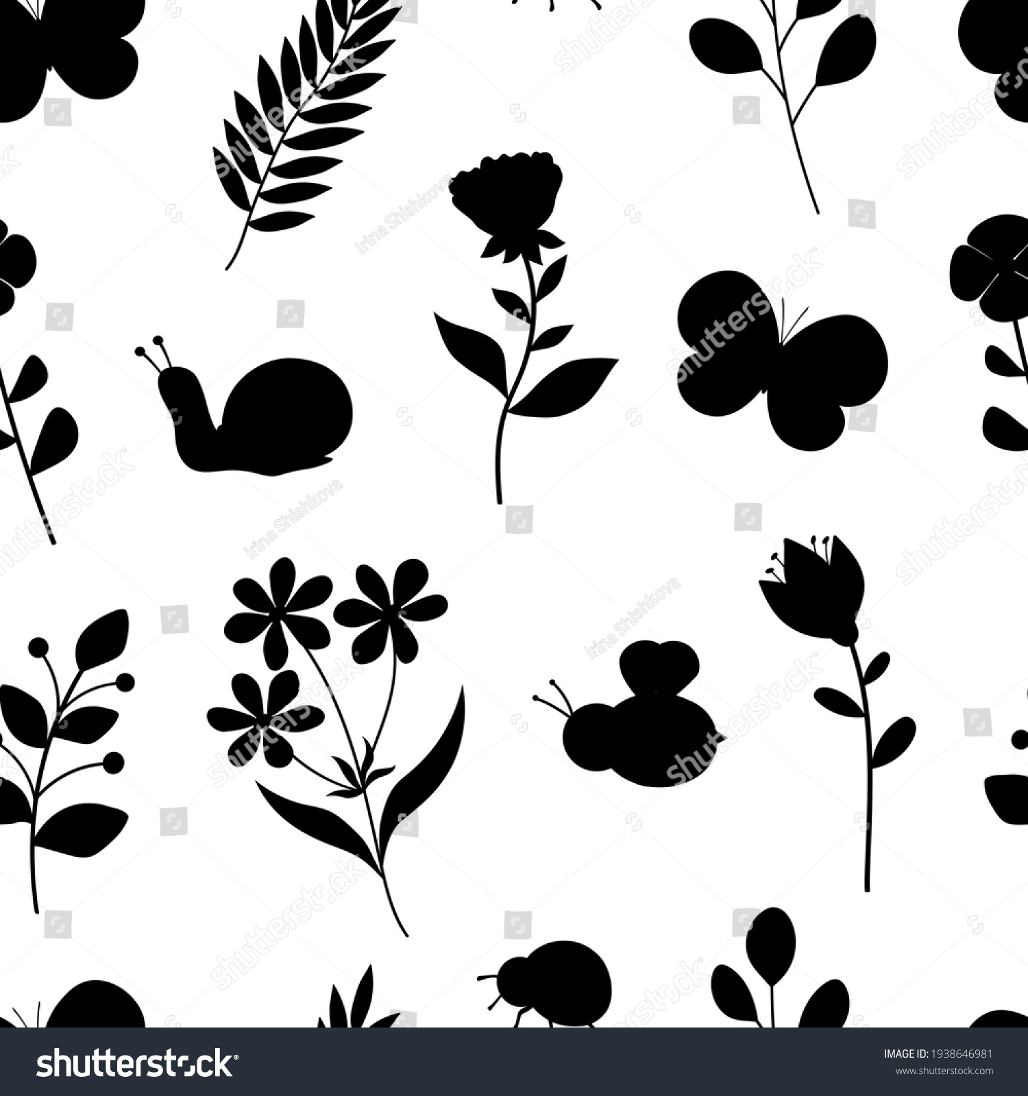 Seamless Pattern Silhouettes Spring Flowers Insects Stock Vector ...