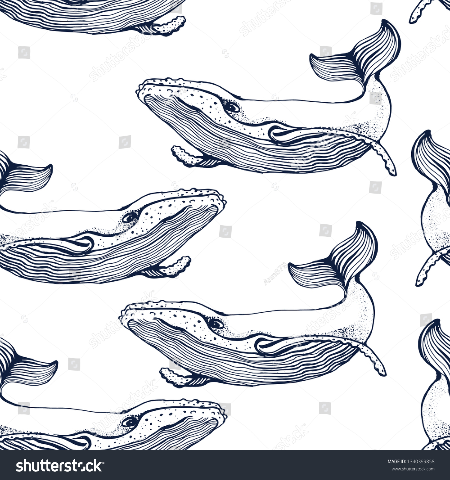 Seamless Pattern Whales Hand Drawing Vector Stock Vector (Royalty Free ...