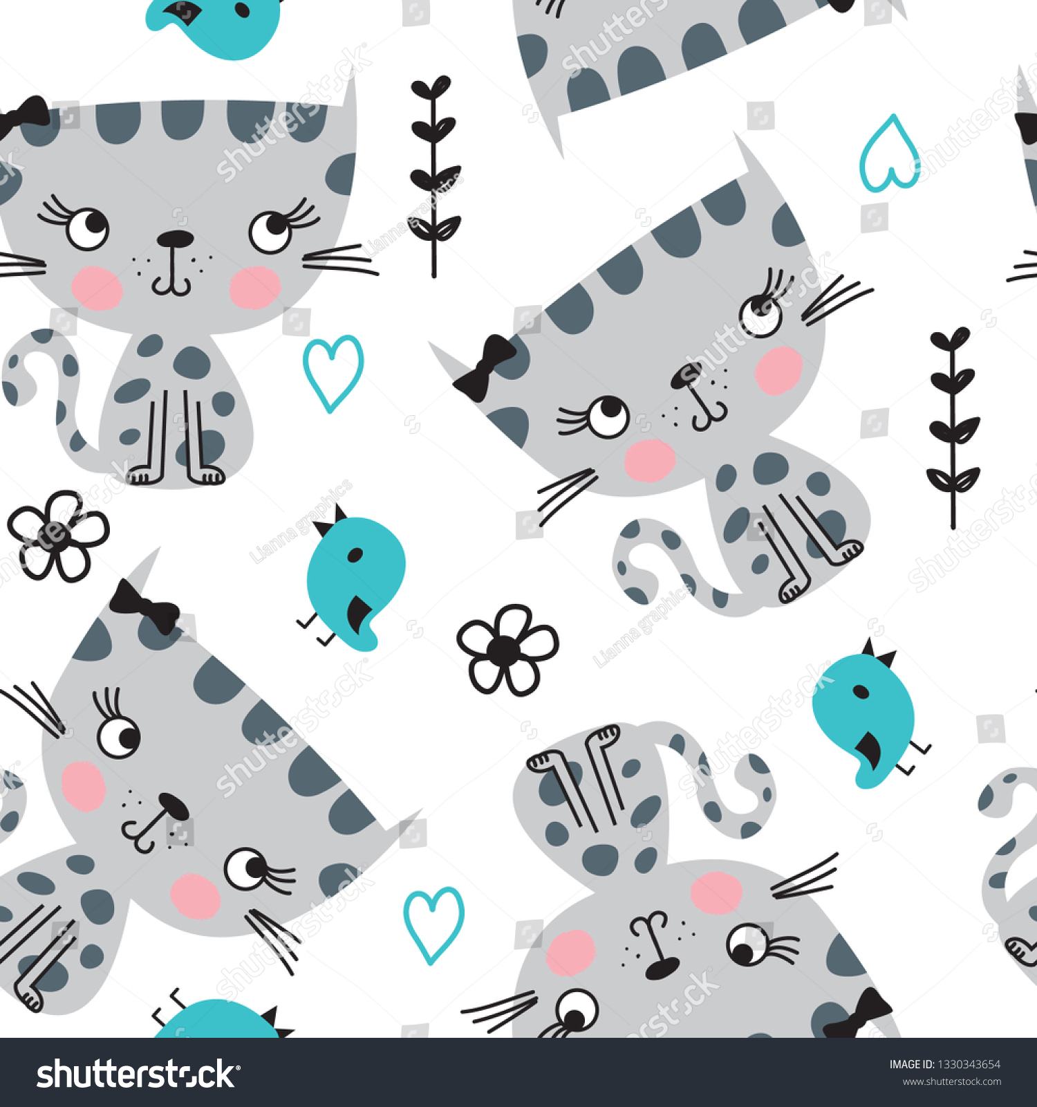 Seamless Pattern Cat Bird Vector Illustration Stock Vector (Royalty ...