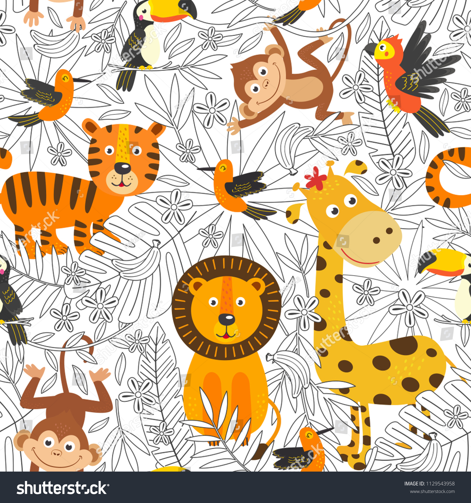 Seamless Pattern Coloring Tropical Animals Vector Stock Vector (Royalty ...