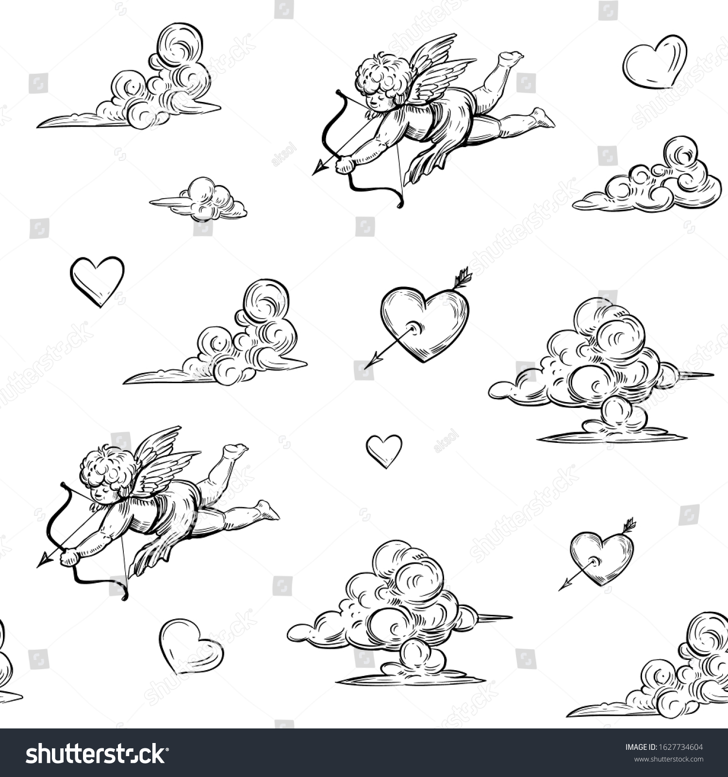 Seamless Pattern Cupid Clouds Vector Outline Stock Vector (Royalty Free ...