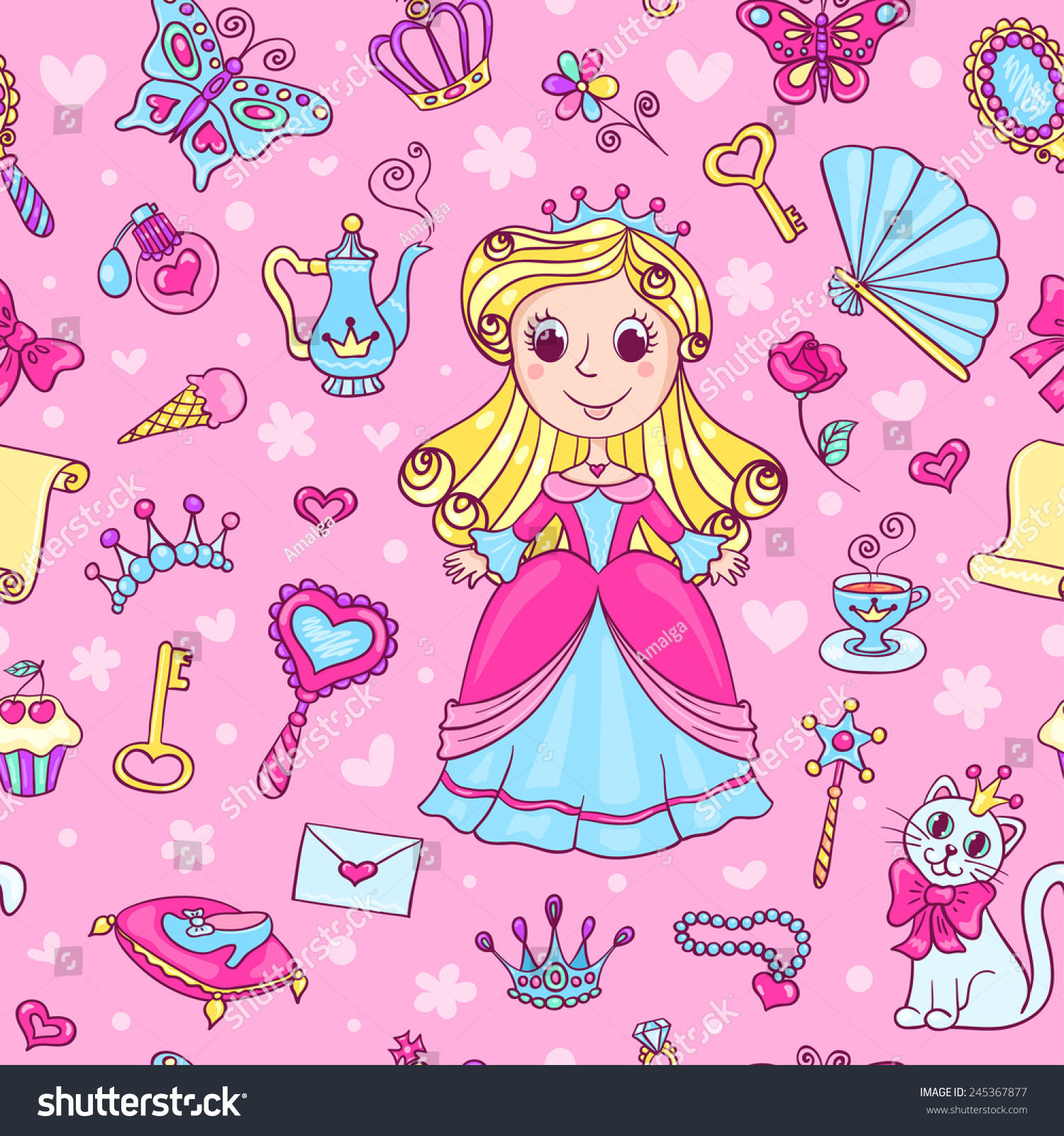 Seamless Pattern Cute Little Princess Cartoon Stock Vector (Royalty ...