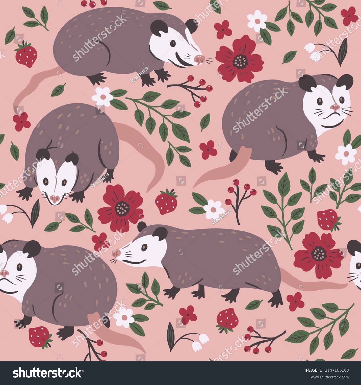 Seamless Pattern Cute Opossums Flowers Berries Stock Vector (Royalty ...