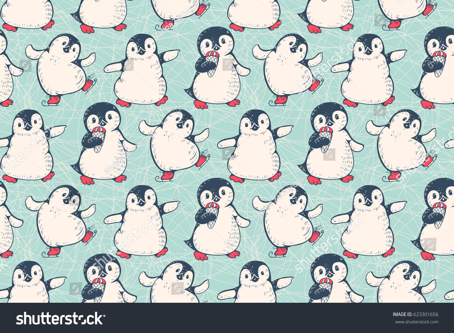 Seamless Pattern Cute Penguins Handdrawn Illustration Stock Vector ...