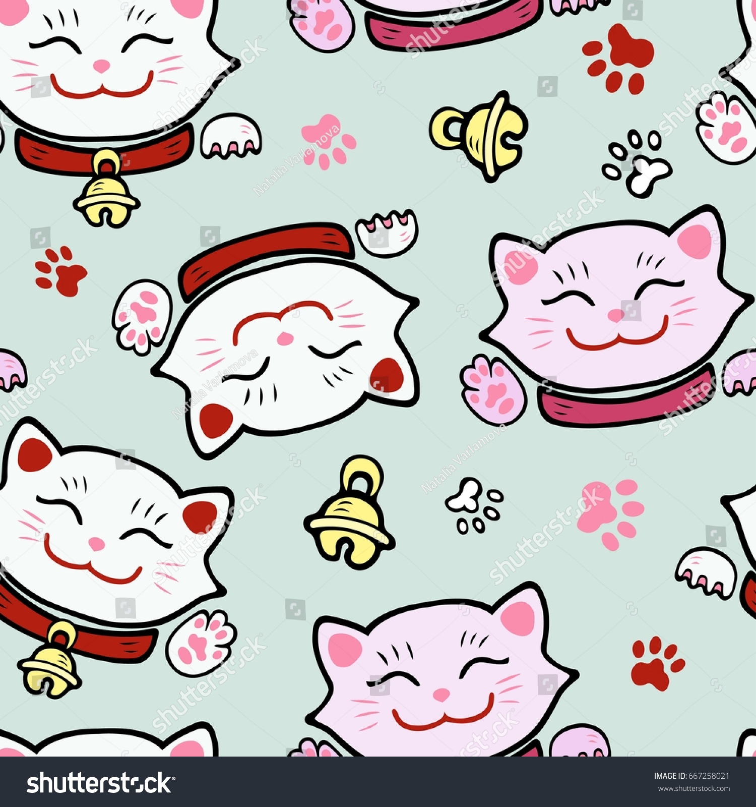 Seamless Pattern Cute Smiling Cat Maneki Stock Vector (Royalty Free) 667258021 | Shutterstock