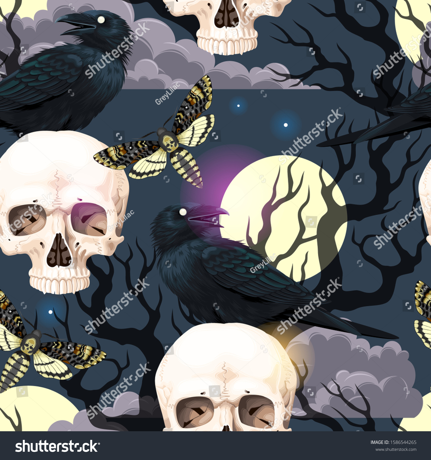 Seamless Pattern Raven Human Skull Stock Vector (Royalty Free) 1586544265