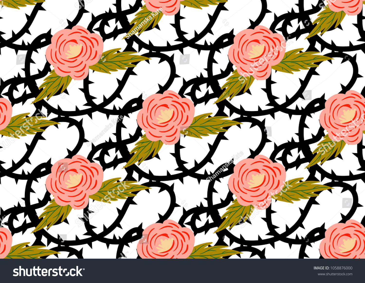 Seamless Pattern Roses Thorns Stock Vector (Royalty Free) 1058876000 ...