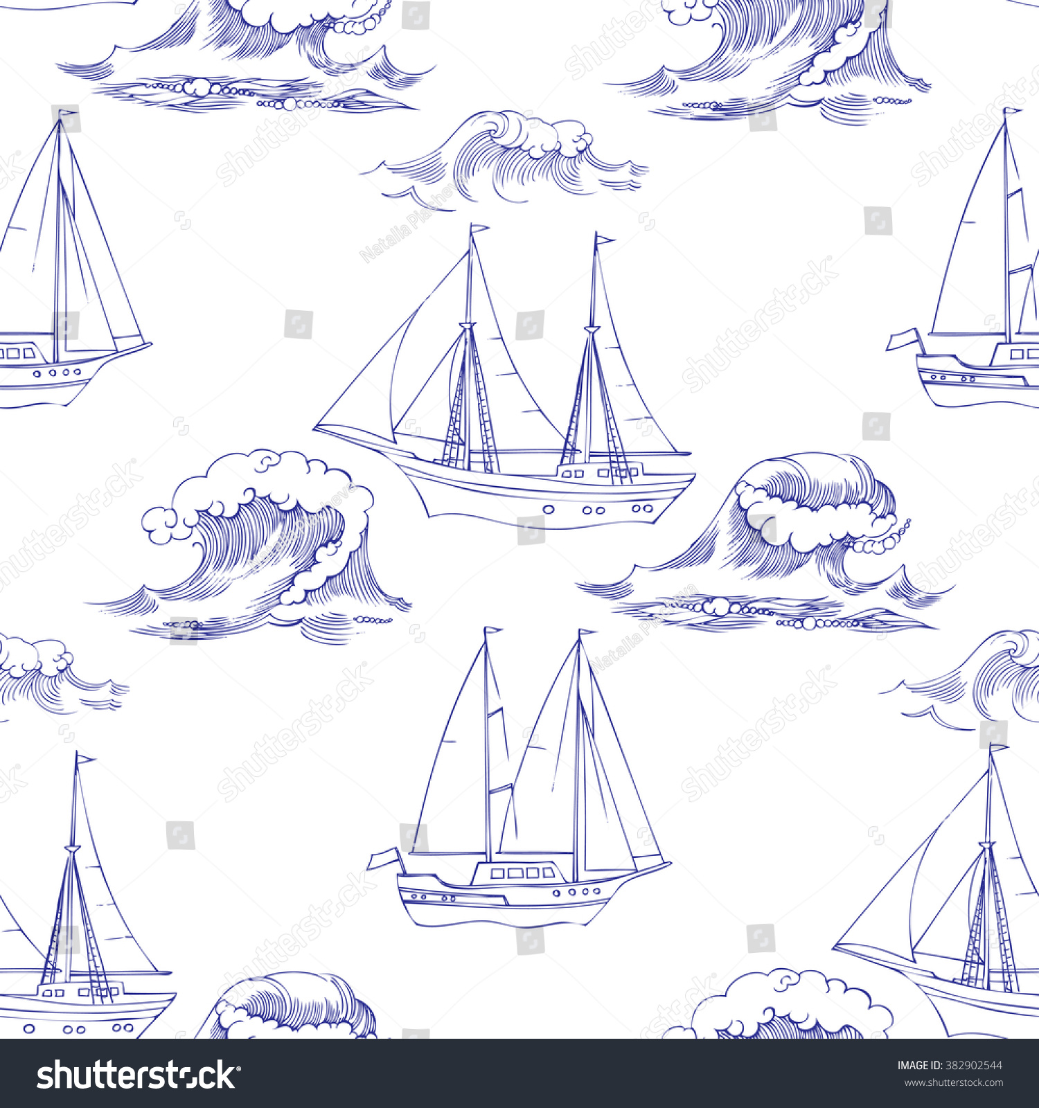 Seamless Pattern Waves Ships Hand Drawn Stock Vector (Royalty Free ...