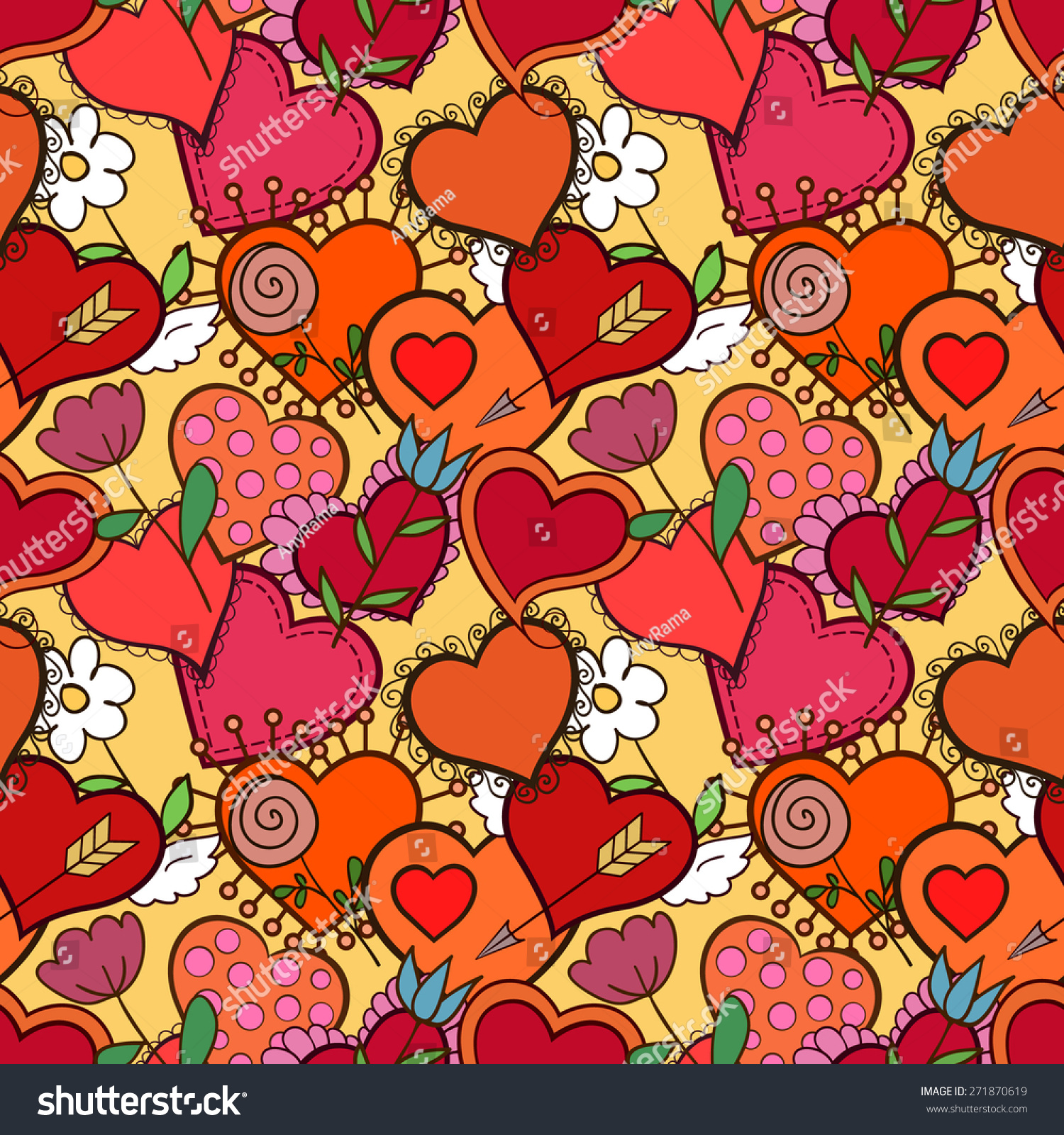 Seamless Vector Pattern Hearts Flowers Stock Vector 271870619 ...