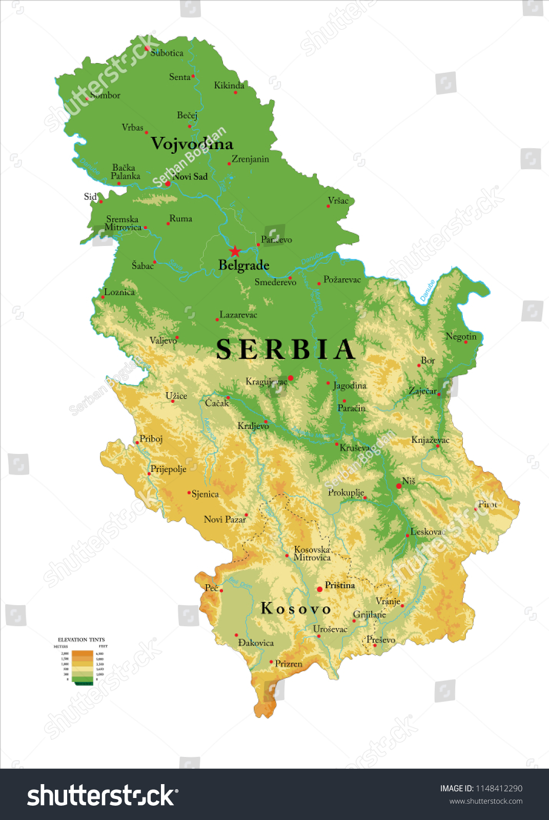 Serbia Physical Map Stock Vector (Royalty Free) 1148412290
