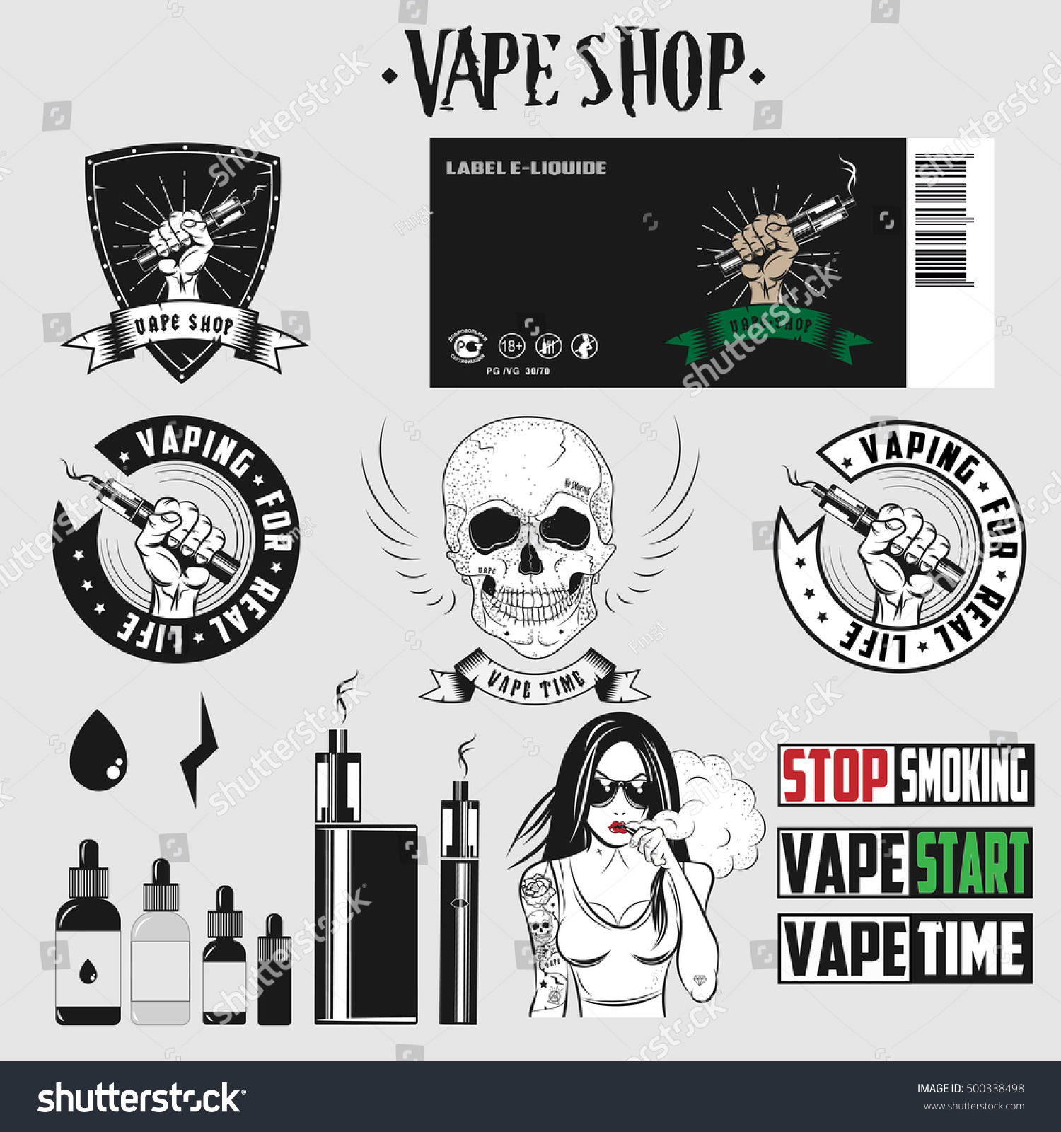 Set Vape Shop Vector Illusttration Stock Vector (Royalty Free) 500338498