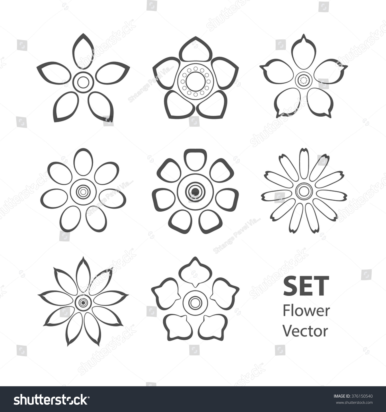 Set Gray Vectorized Flowers Stock Vector 376150540 - Shutterstock