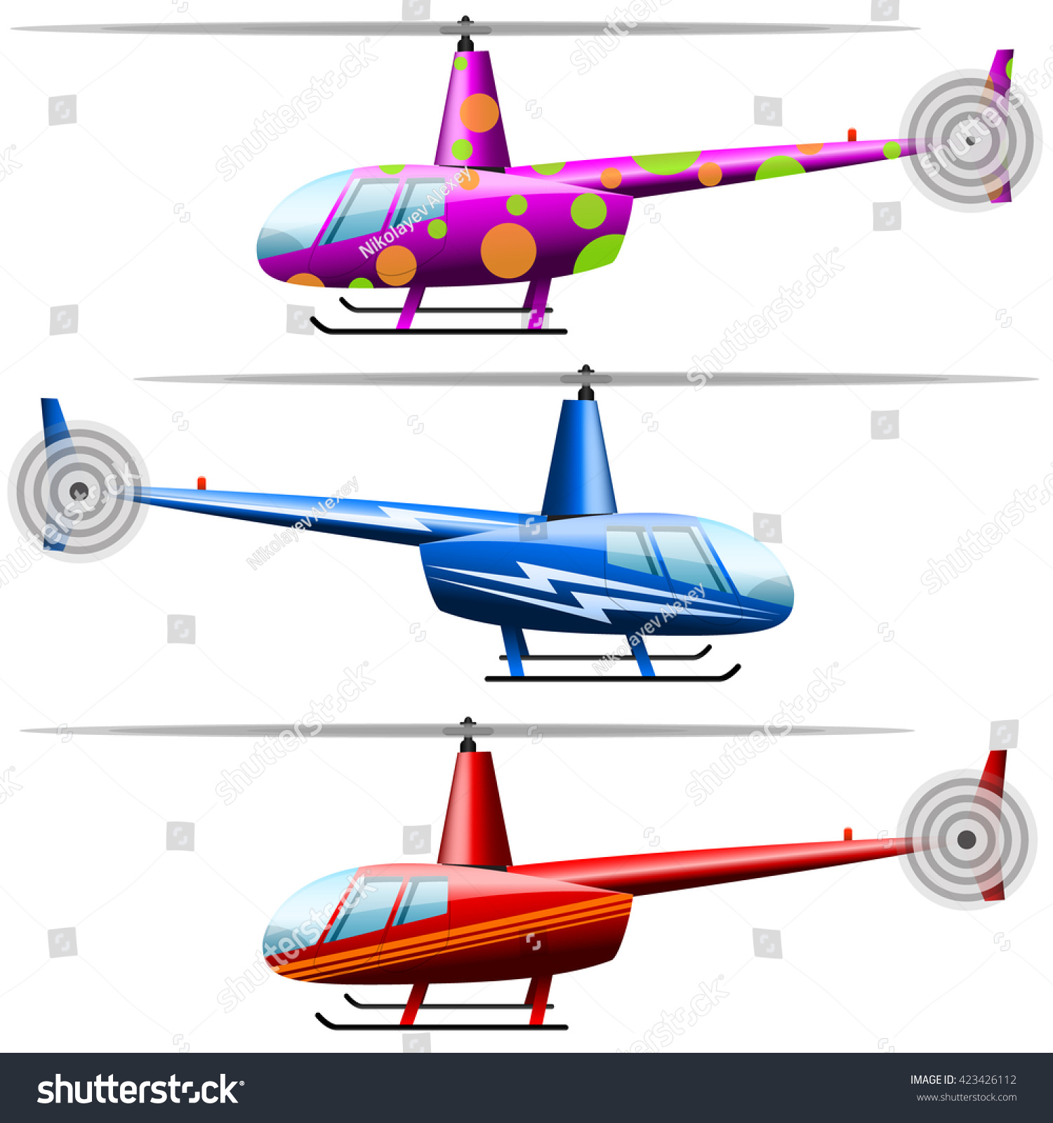 Set Helicopters Color Illustration Isolated Objects Stock Vector ...