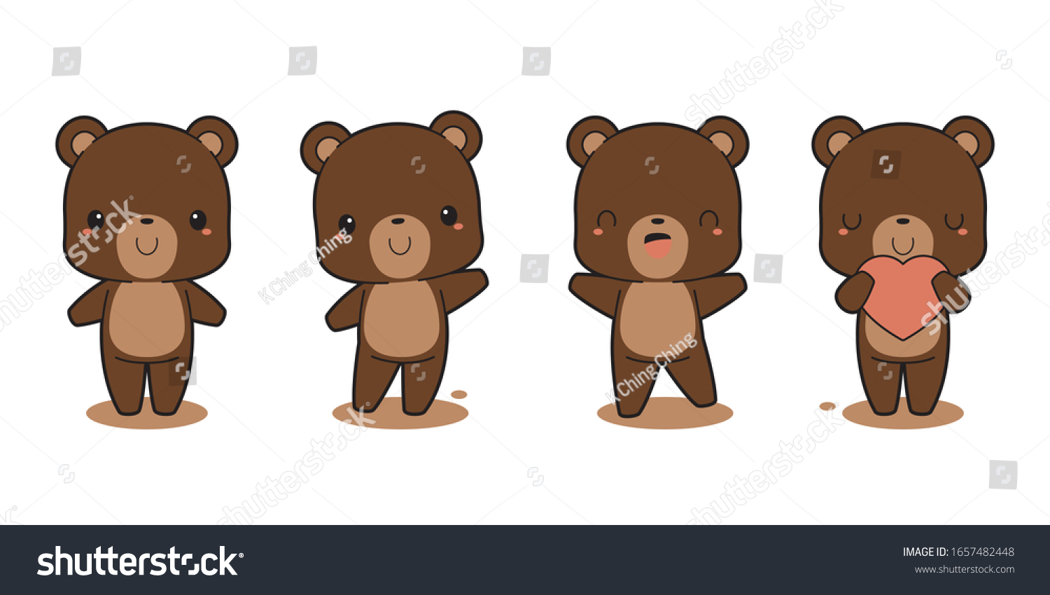 Set Cute Brown Bear Cartoon Characters เวกเตอร์สต็อก ปลอดค่าลิขสิทธิ์