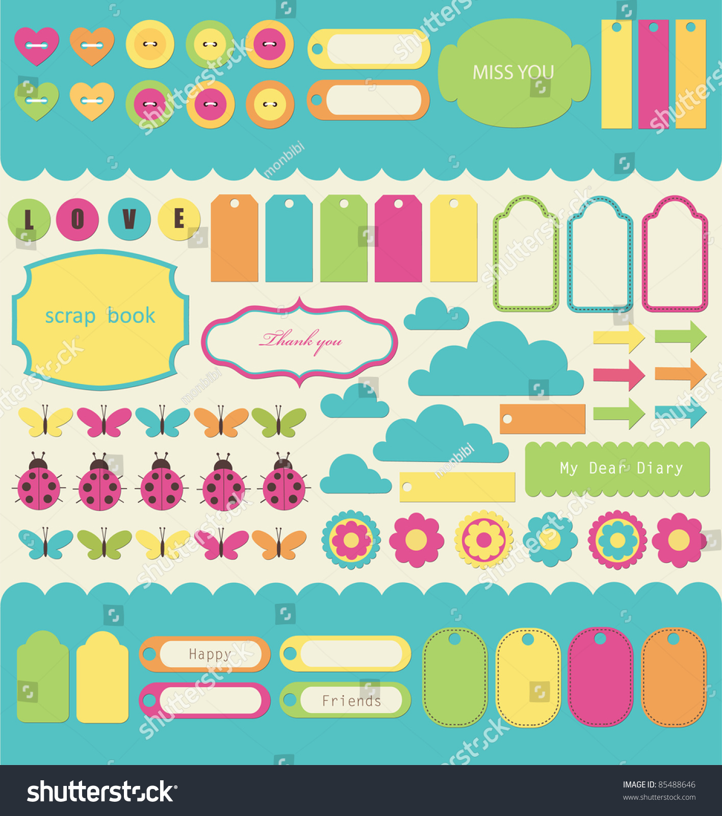 Set Cute Scrapbook Elements Vector Illustration Stock Vector (Royalty ...