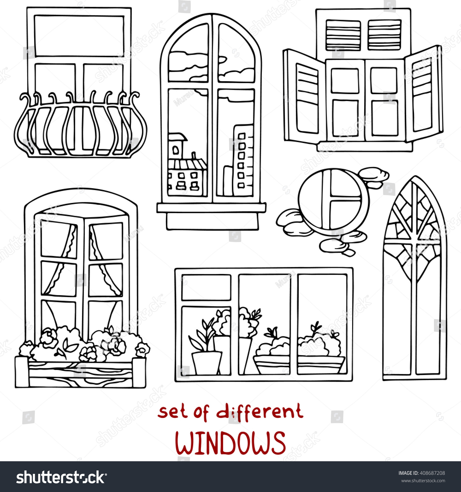 Set Different Windows Handdrawn Design Elements Stock Vector (Royalty ...