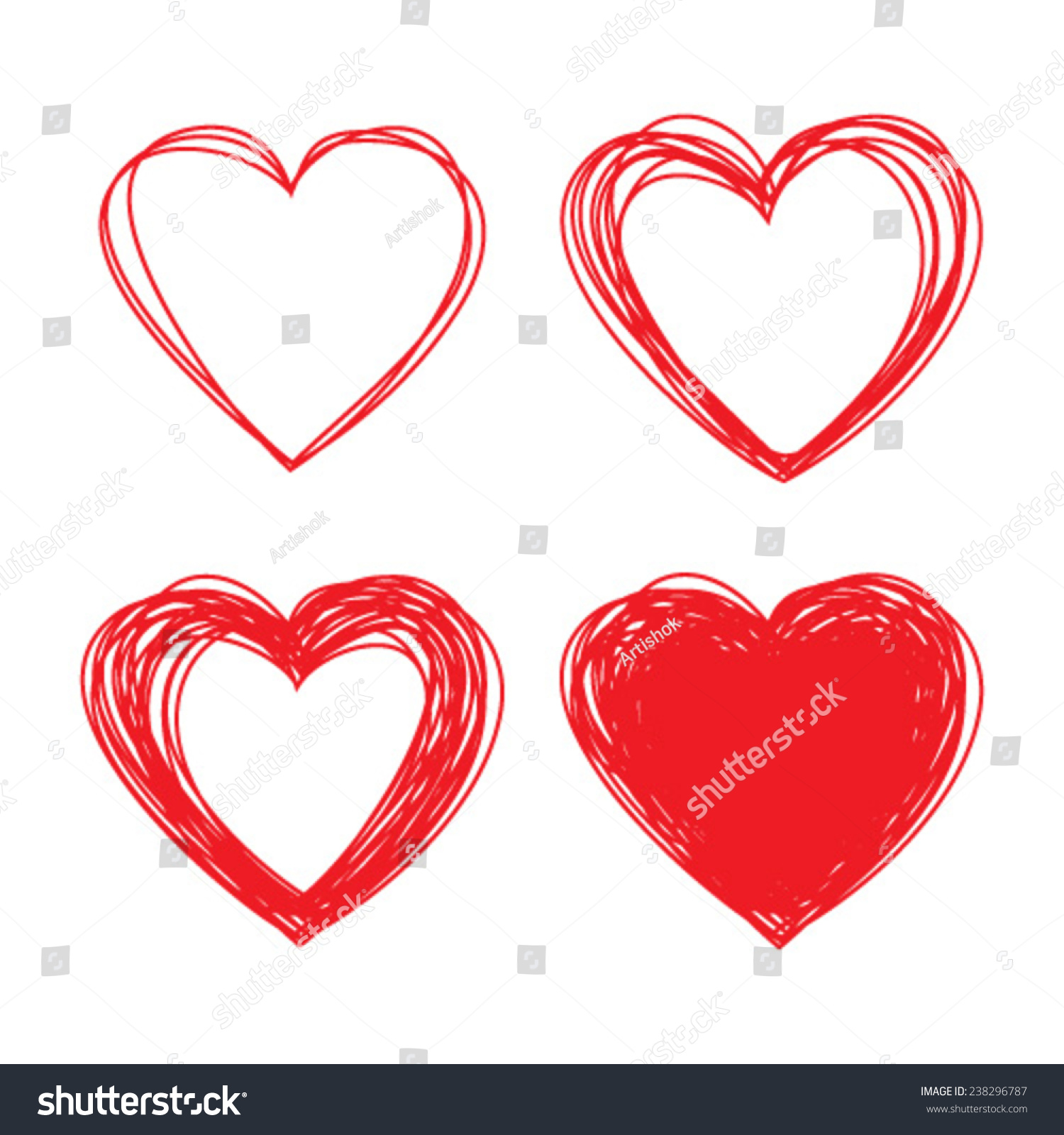 Set Hand Drawn Scribble Hearts Vector Stock Vector (Royalty Free) 238296787