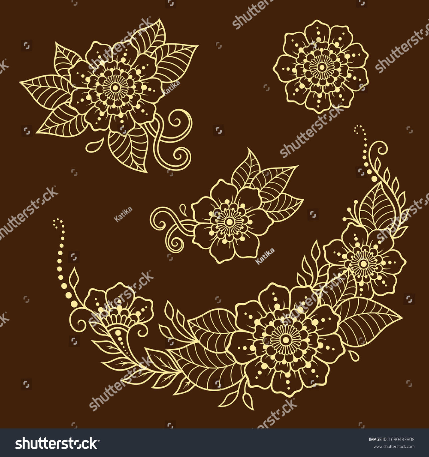 Set Mehndi Flower Pattern Henna Drawing Stock Vector Royalty Free