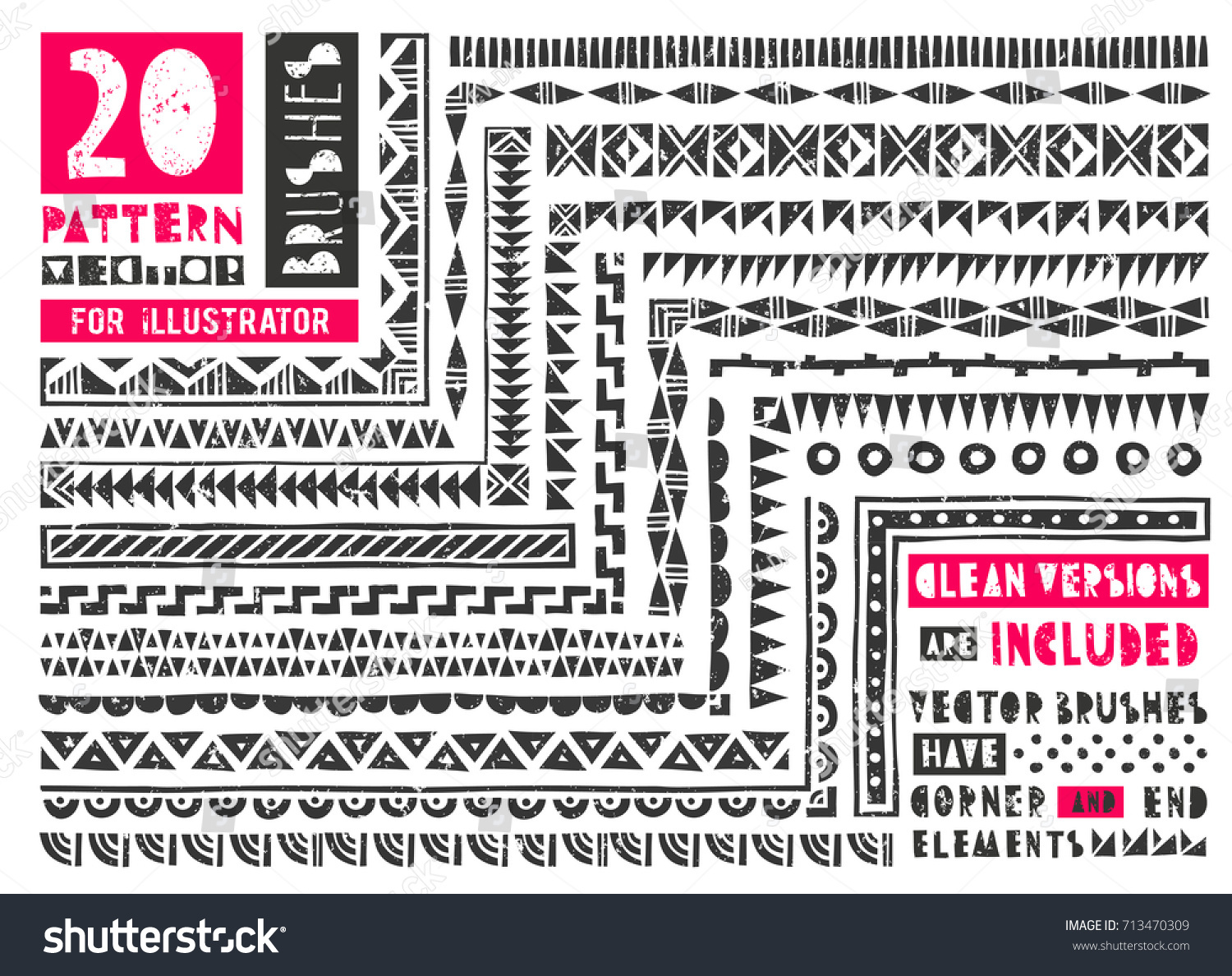 Set 20 Pattern Brushes Illustrator Borders เวกเตอร์สต็อก ปลอดค่า