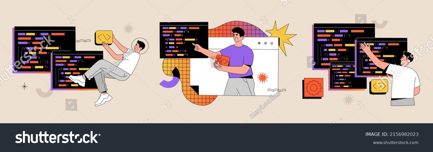 Set Programmer Coding Characters Web Development Stock Vector Royalty Free 2156982023