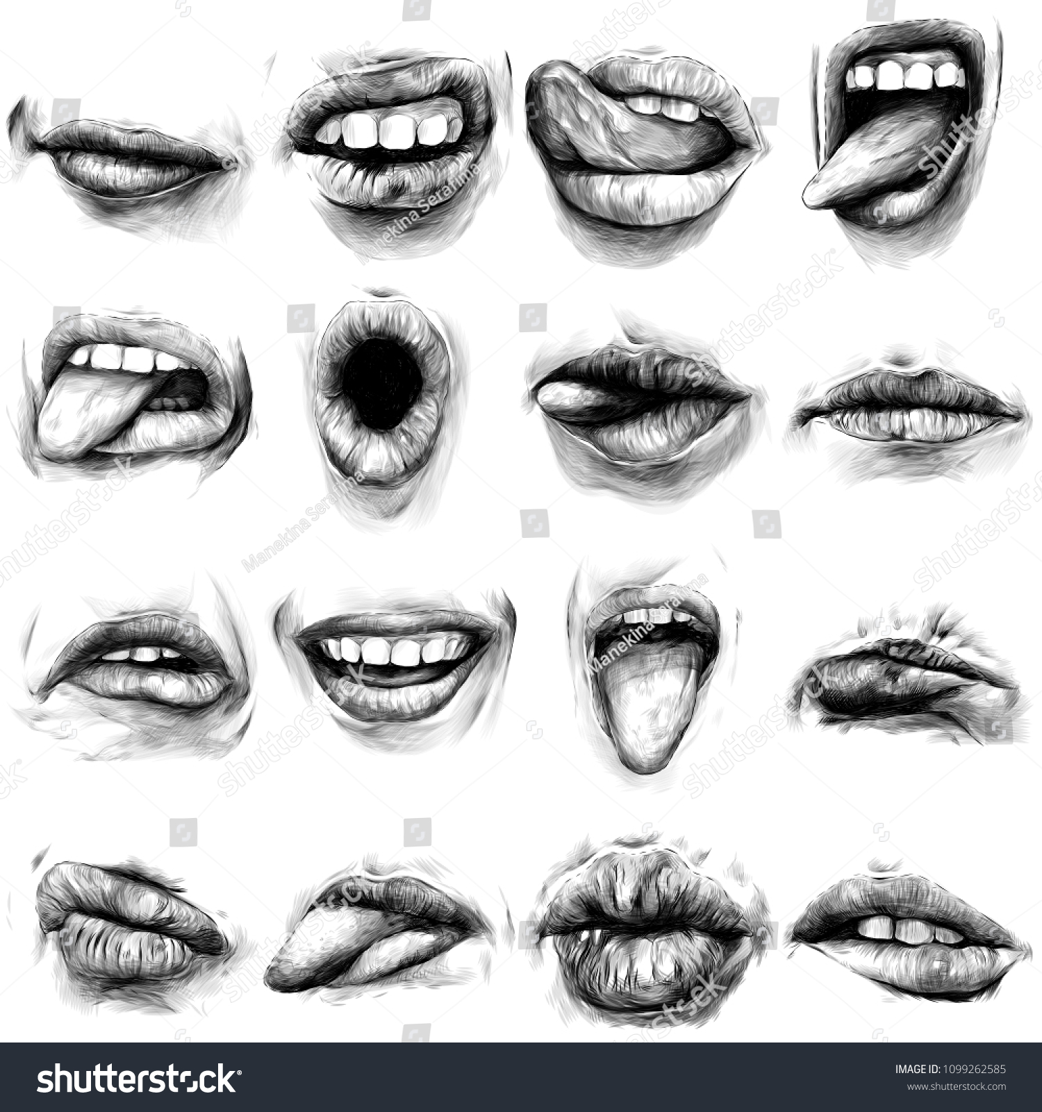 Set Sixteen Female Lips Different Emotions Stock Vector Royalty Free