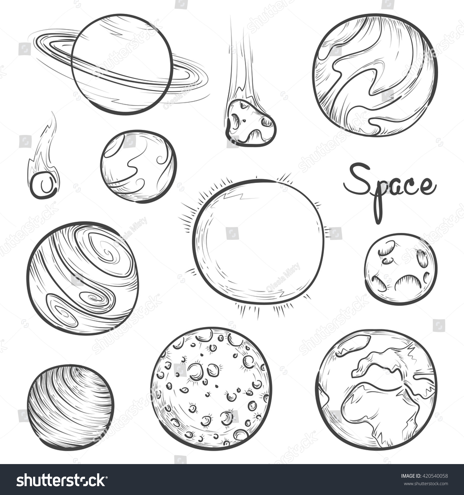 Set Sketched Planets Space Objects Design Stock Vector (Royalty Free ...