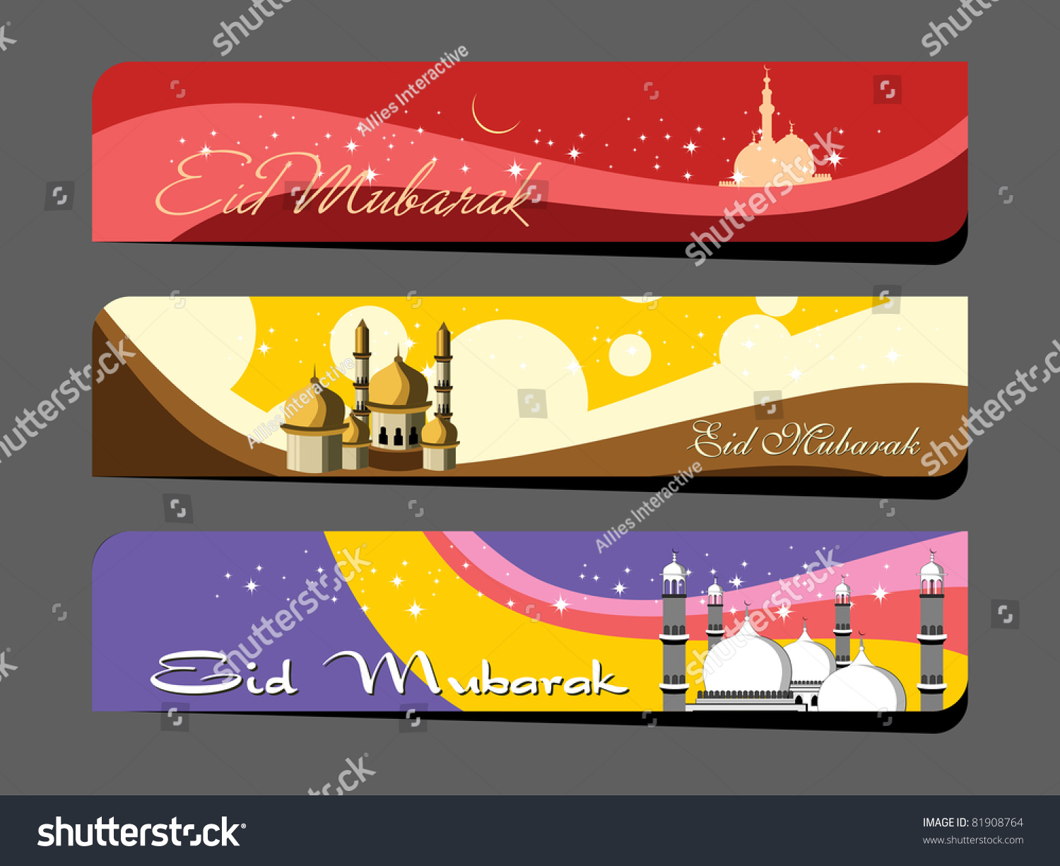 Set Three Eid Mubarak Colorful Headers Stock Vector (Royalty Free ...