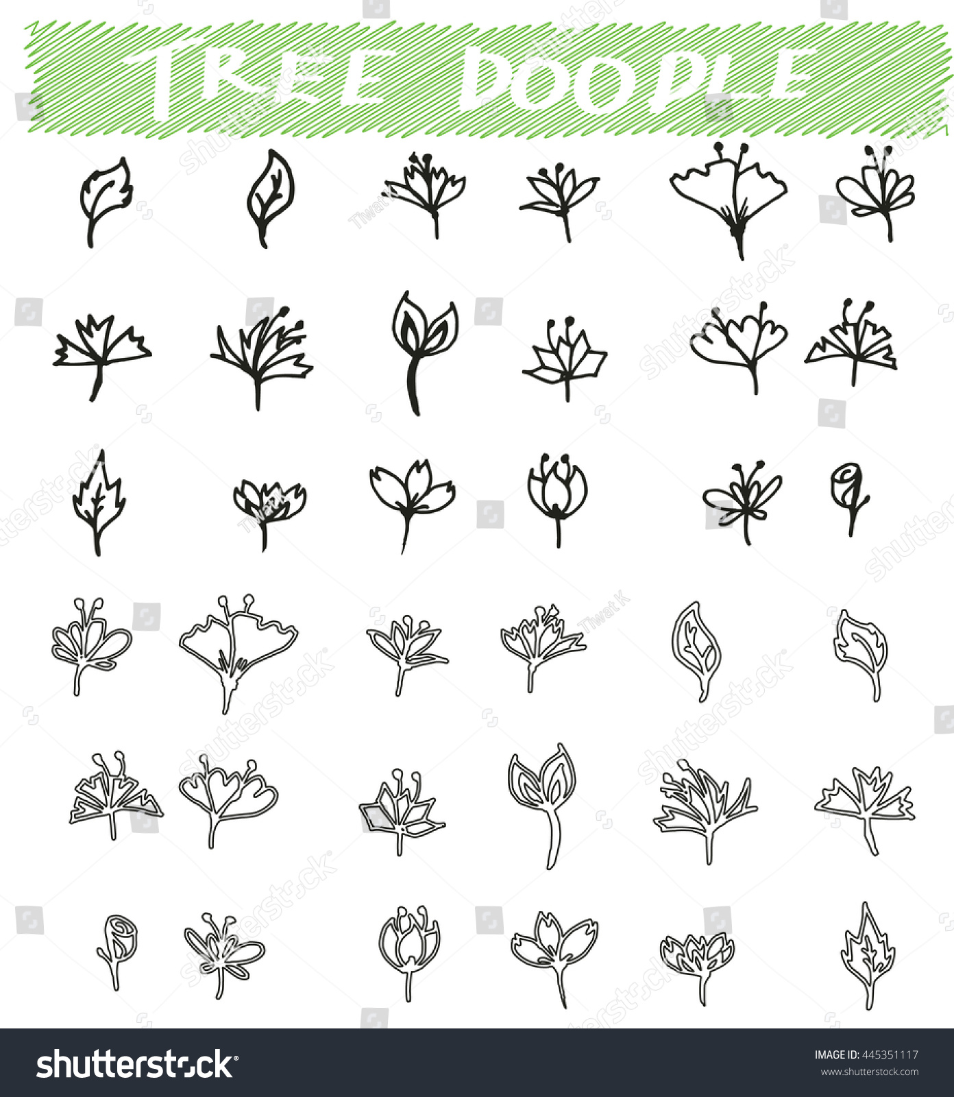Set Tree Doodles Vector: เวกเตอร์สต็อก (ปลอดค่าลิขสิทธิ์) 445351117