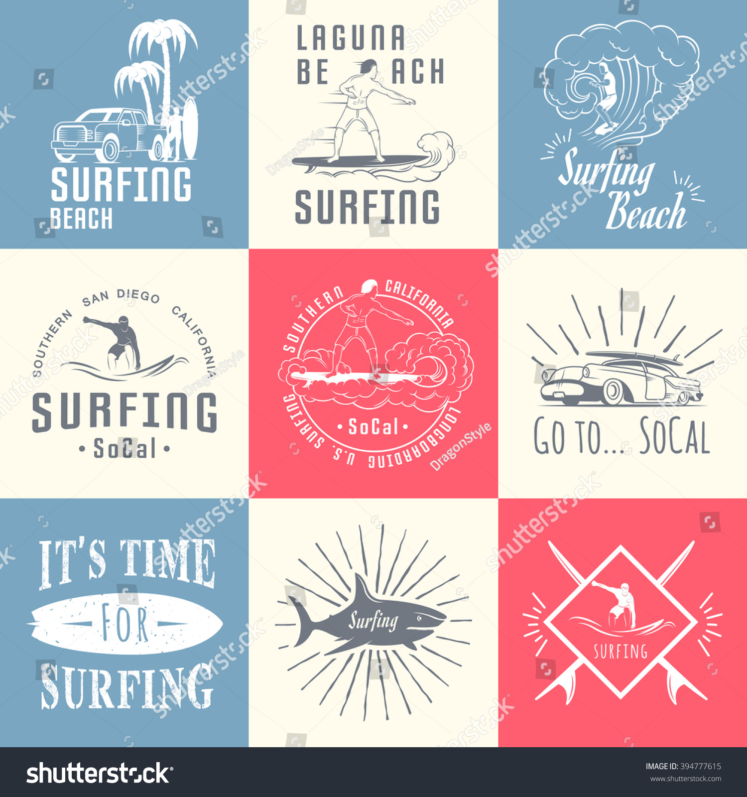 Set Vintage Surfing Graphics Emblems Badges: vetor stock (livre de ... Set Vintage Surfing Graphics Emblems Badges: vetor stock (livre de ...
