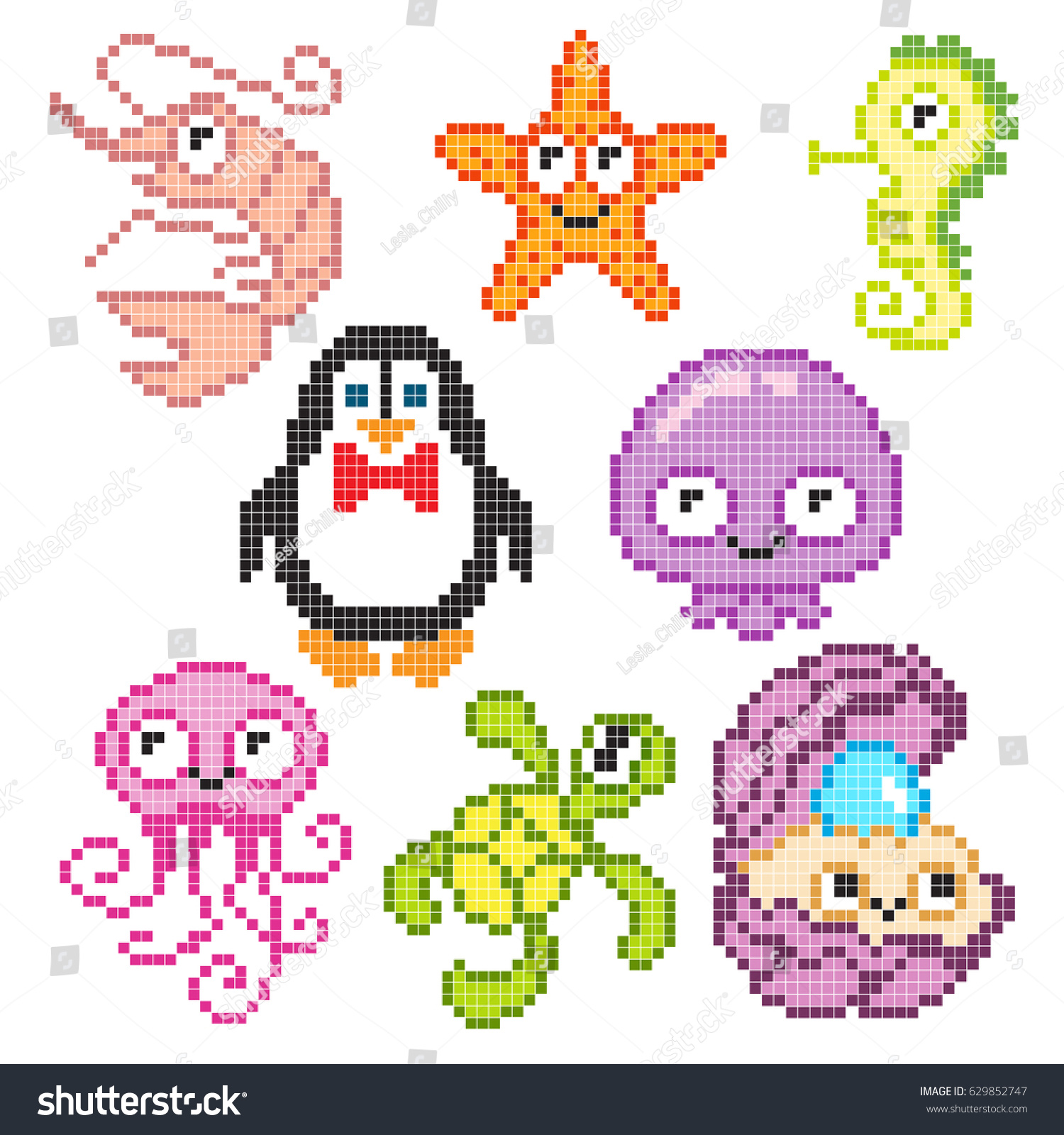 Set Pixel Sea Animals Vector Illustration: vector de stock (libre de ...