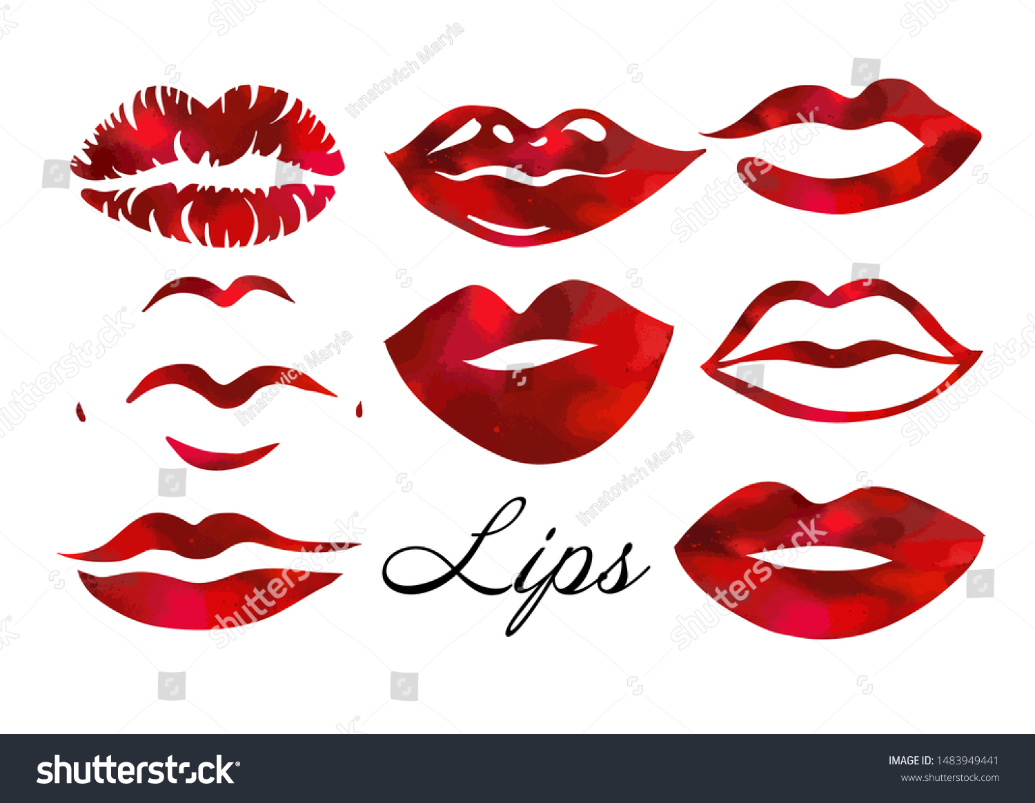 Set Red Lips Sexy Womans Kiss Stock Vector Royalty Free 1483949441