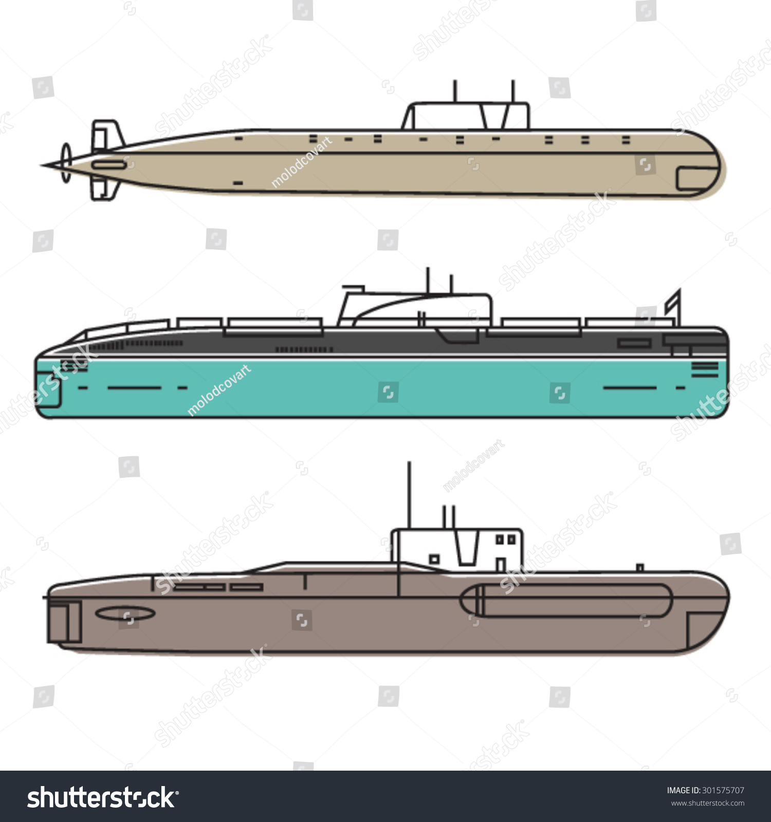 Set Submarines Outline Drawing Stock Vector (Royalty Free) 301575707 ...