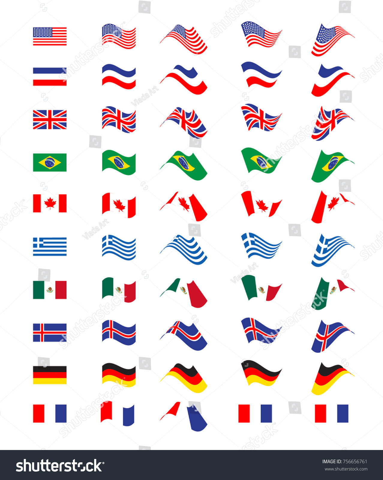 Vektor Stok Set Flying Flags Different Countries Vector (Tanpa Royalti ...