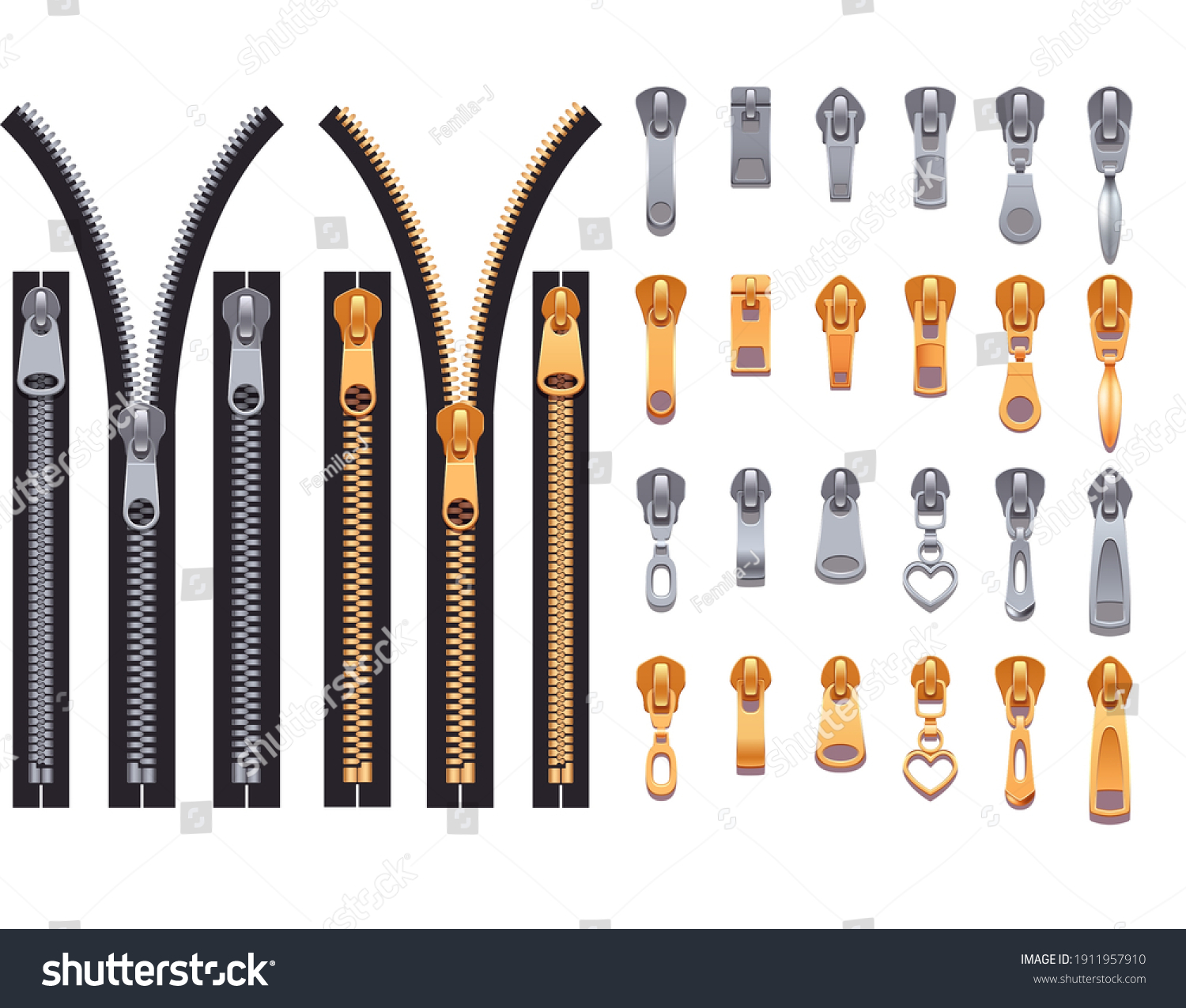 Set Zipper Realistic Zip Vector Stock Vector (Royalty Free) 1911957910